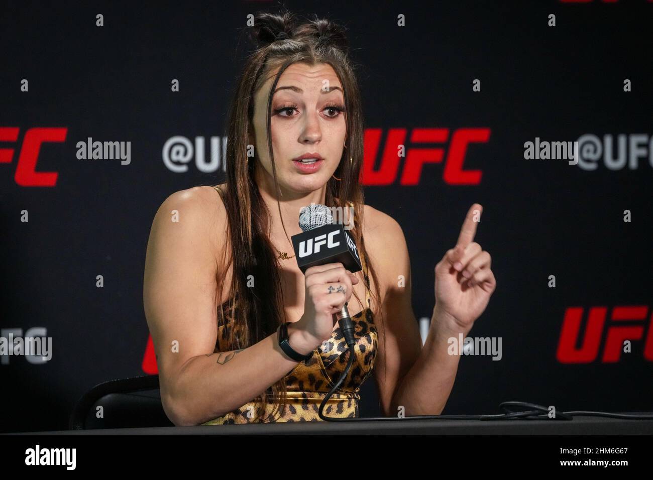 LAS VEGAS, NV - FEBRUARY 7: Juliana Miller meets with the press to ...