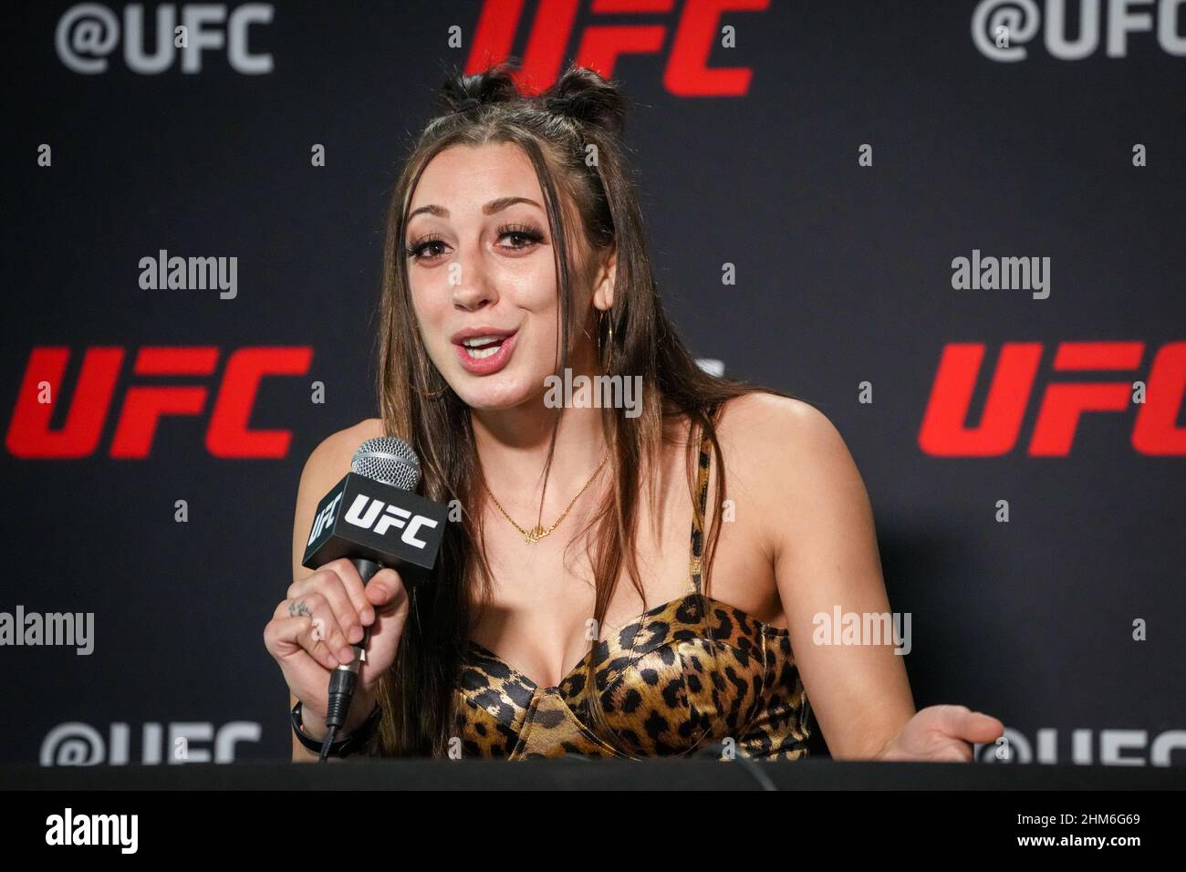 LAS VEGAS, NV - FEBRUARY 7: Juliana Miller meets with the press to ...