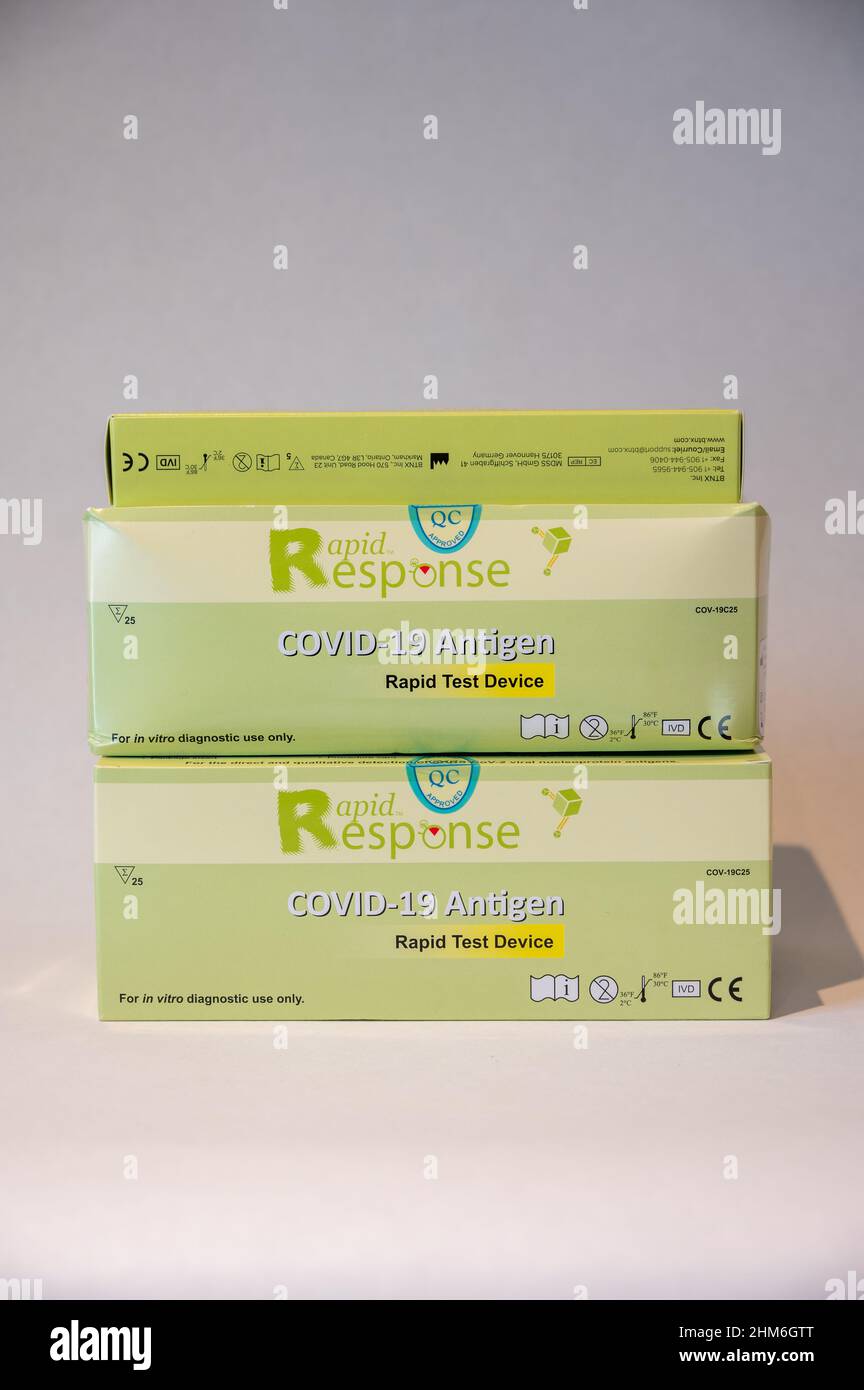Calgary, Alberta - February 4: Covid-19 rapid antigen test kit boxes ...