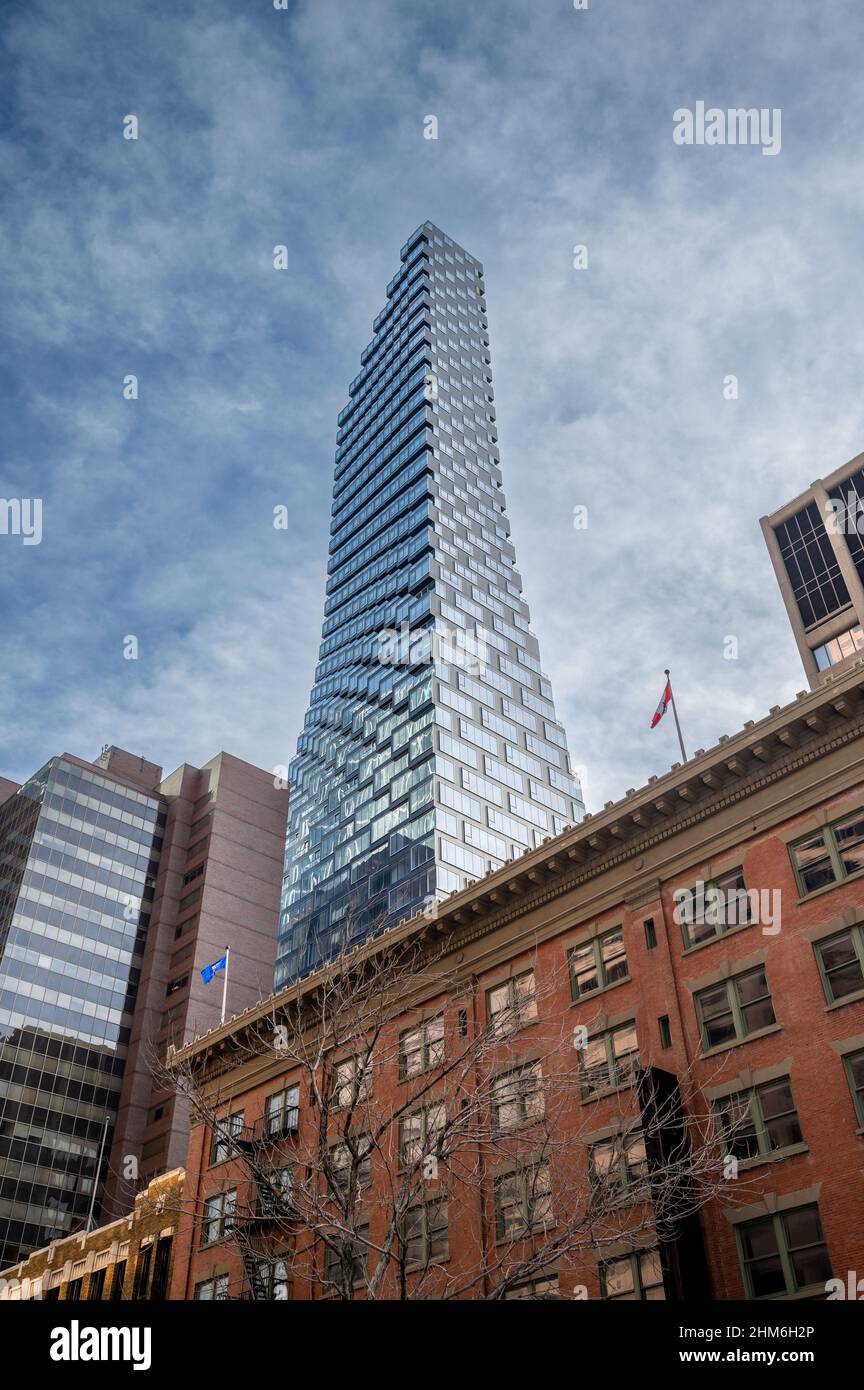Looking up at skyscrapers in the city of Calgary with Alberta and ...