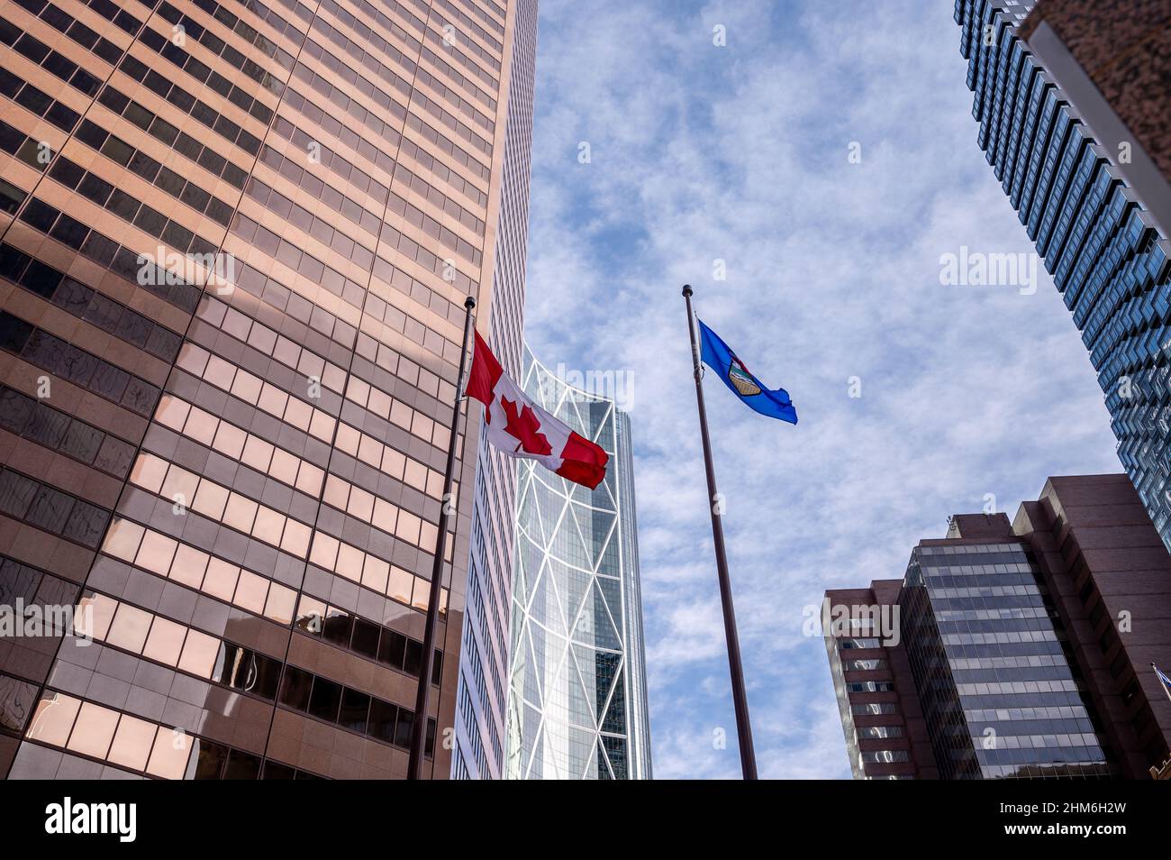 Looking up at skyscrapers in the city of Calgary with Alberta and ...