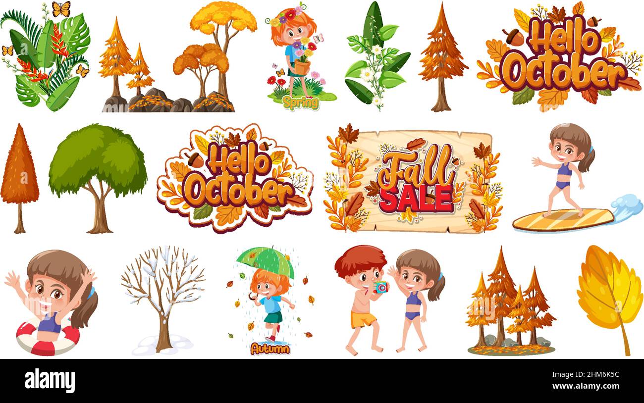 Set of four seasons trees and nature objects illustration Stock Vector ...