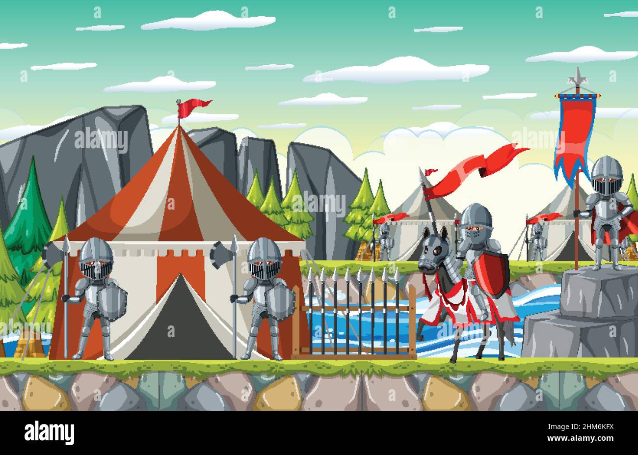 Medieval outdoor scene with armoured knights illustration Stock Vector ...