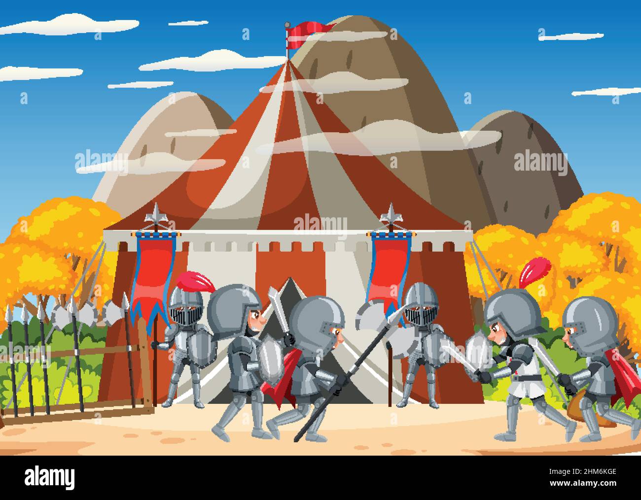 Medieval outdoor scene with armoured knights illustration Stock Vector ...