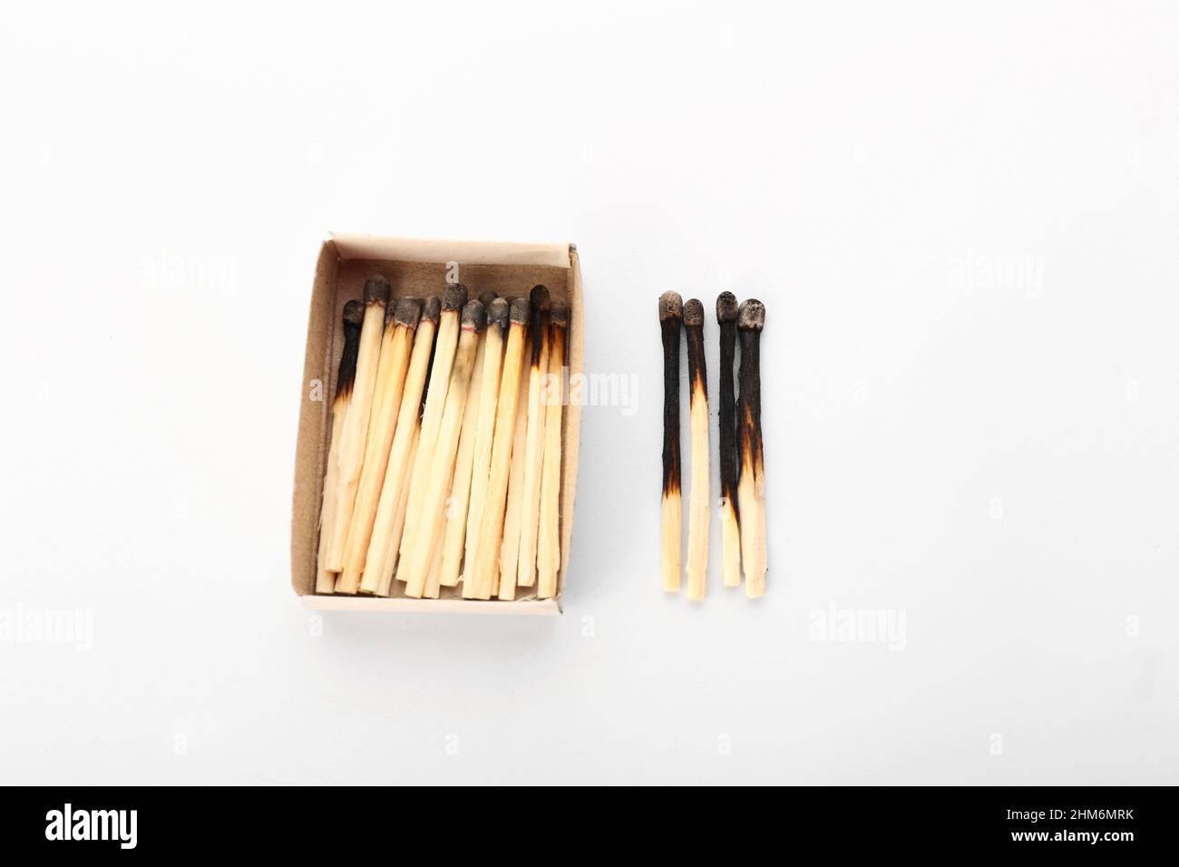Matchbox and burnt out matches on white background. Concept of work ...