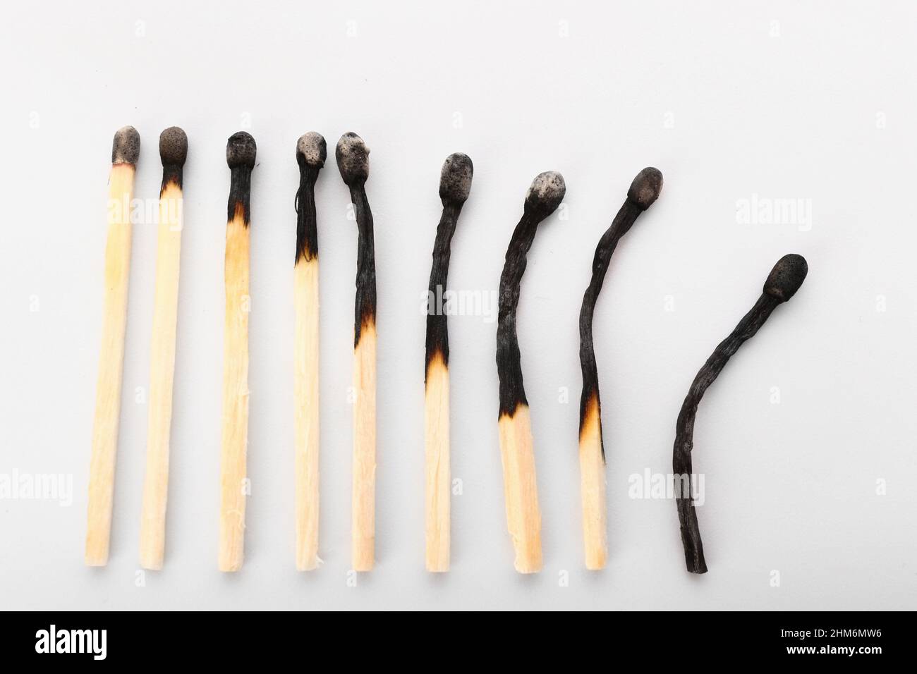 Row of matches on white background. Concept of different human life ...