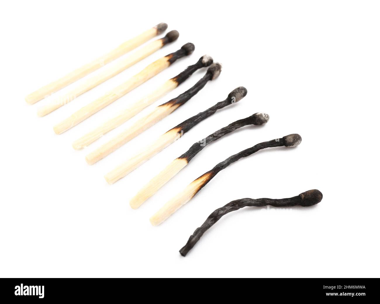 Row of matches on white background. Concept of different human life ...