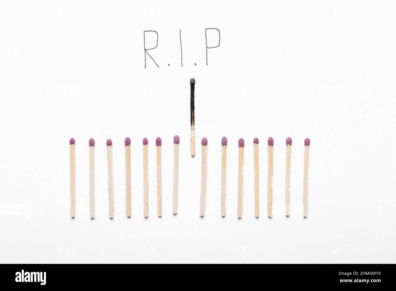 Whole matches, burnt one and word RIP on white background Stock Photo ...