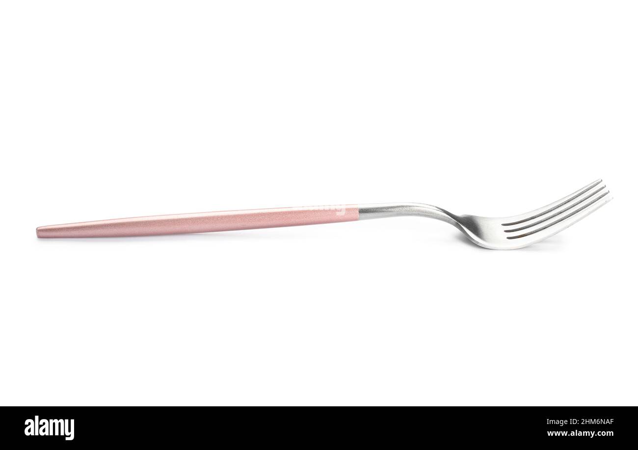 Stainless steel fork with pink handle on white background Stock Photo ...