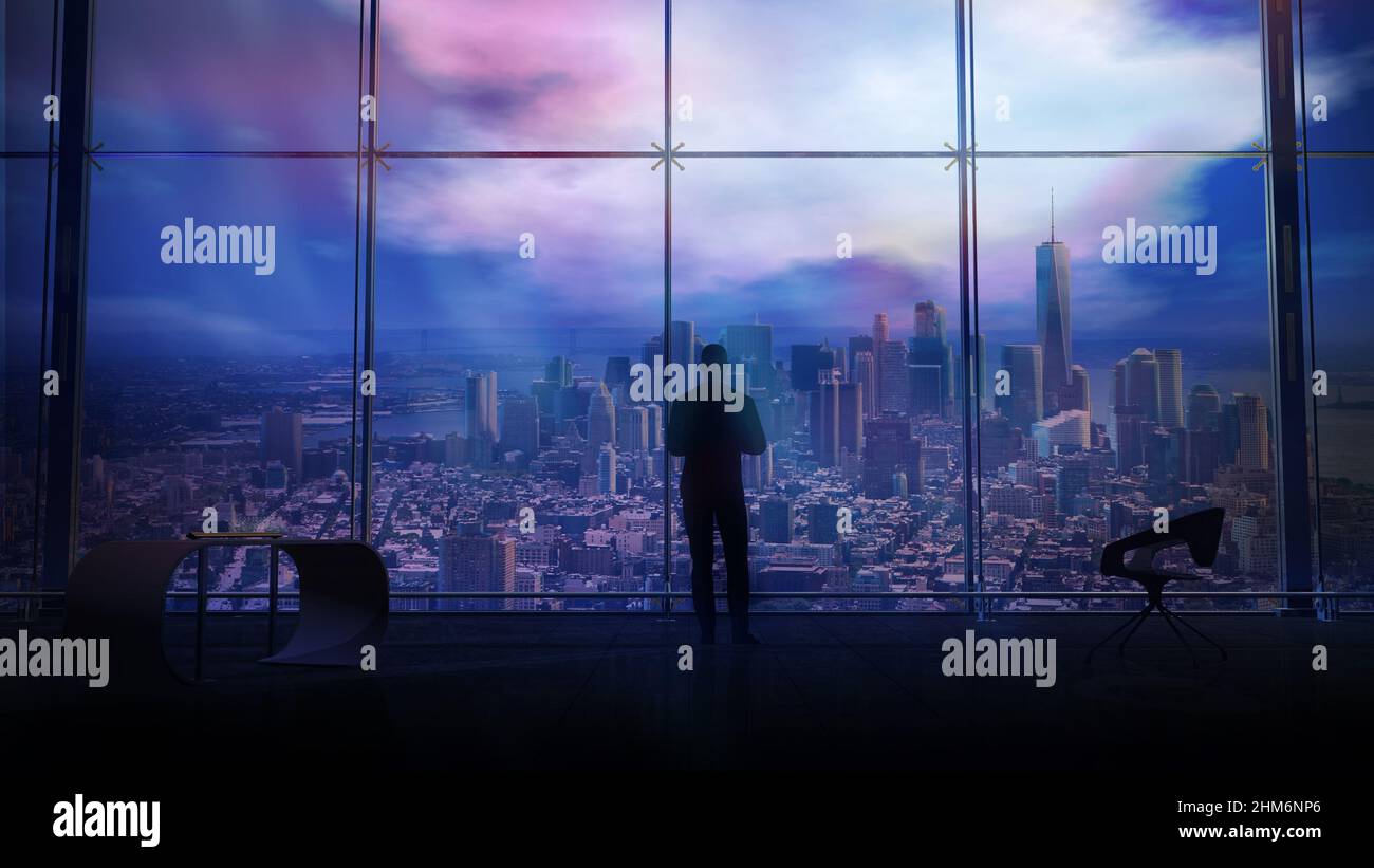 A businessman at the office window overlooking the city skyscrapers, 3D ...