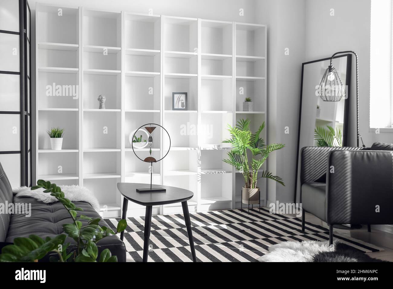 Stylish interior of room with big shelf unit and mirror Stock Photo - Alamy
