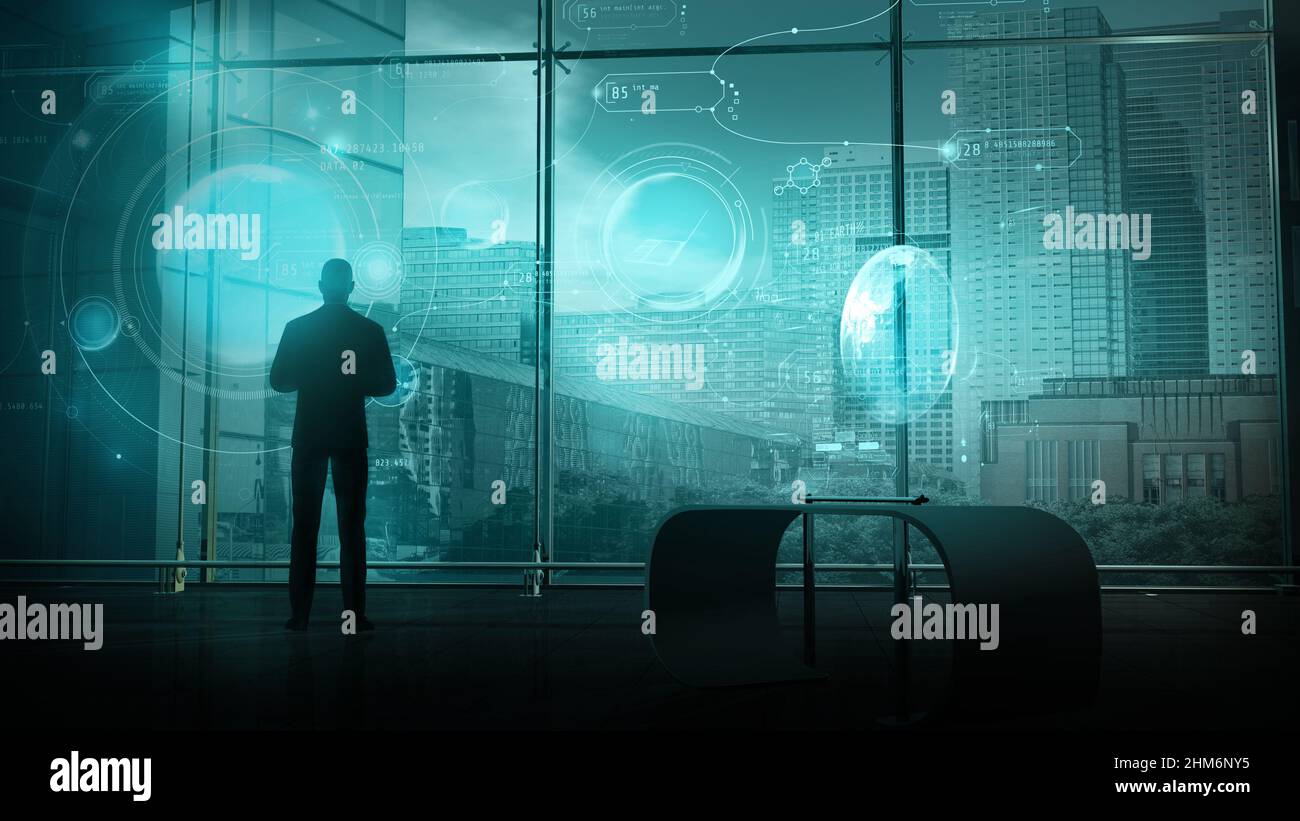 Businessman and holographic data projection, 3D render Stock Photo - Alamy