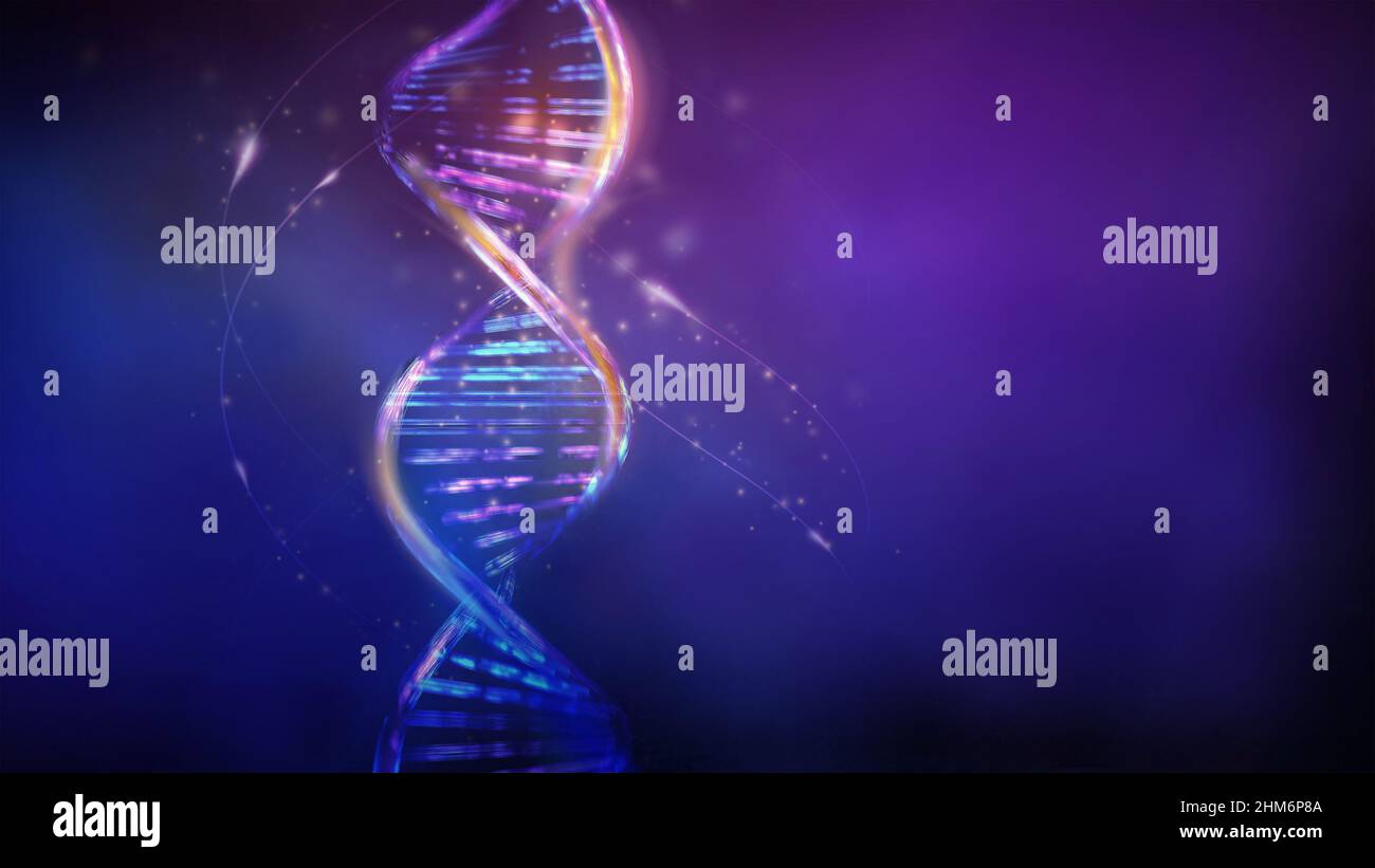 DNA double helix glowing on a violet-blue background, 3D render Stock ...