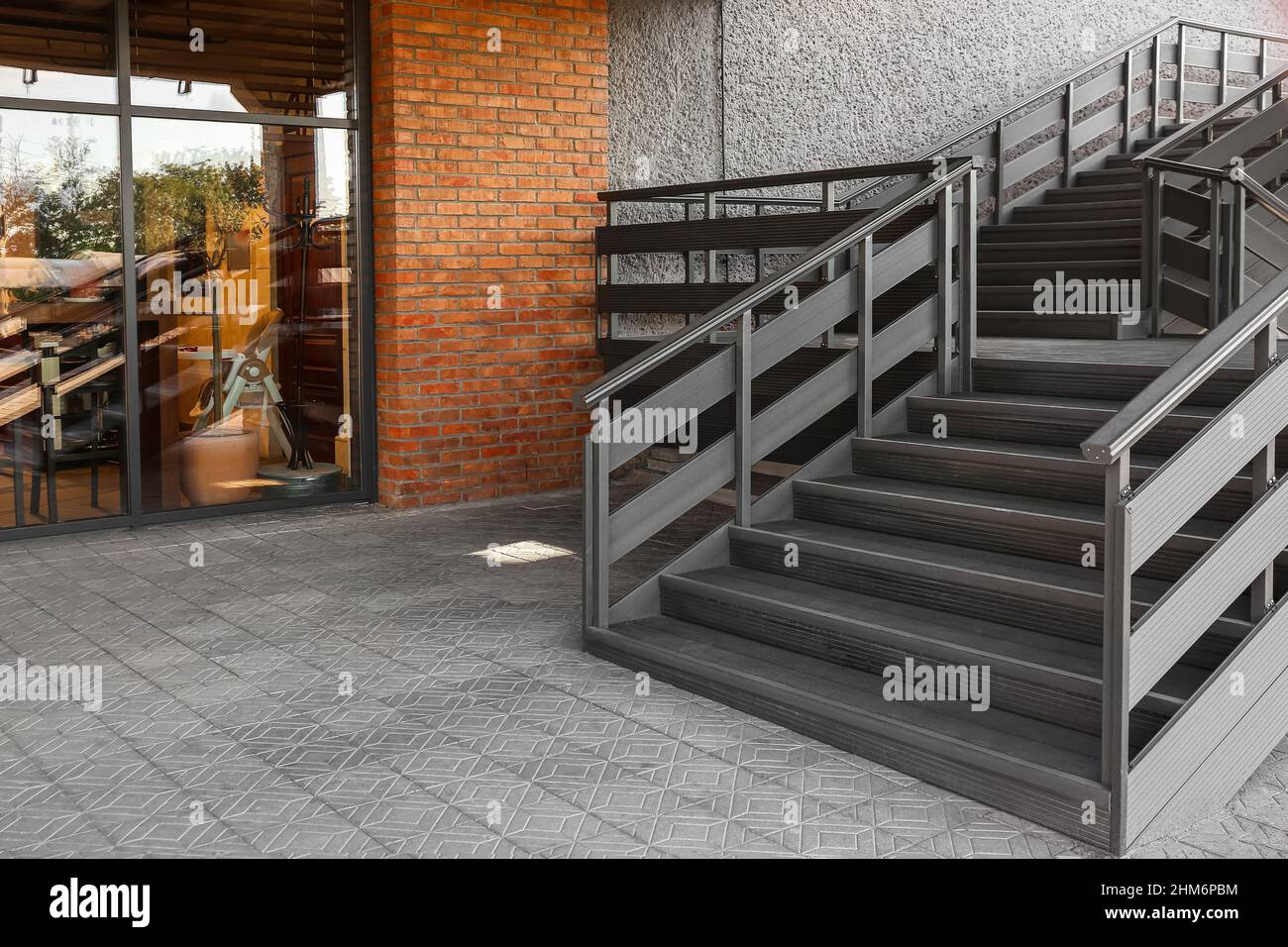 View of modern metal stairs with railing outdoors Stock Photo - Alamy