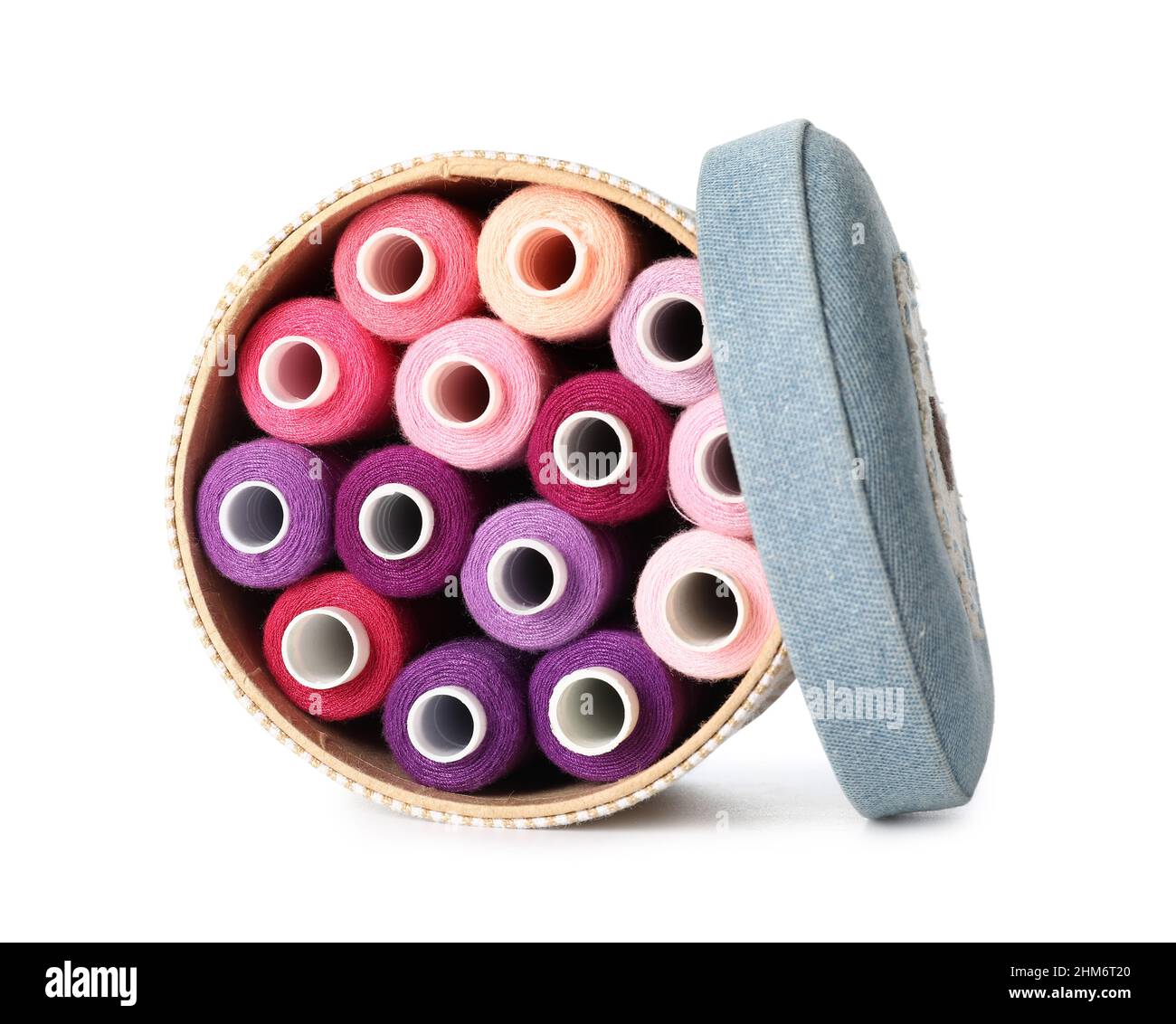 Box with sewing threads on white background Stock Photo - Alamy