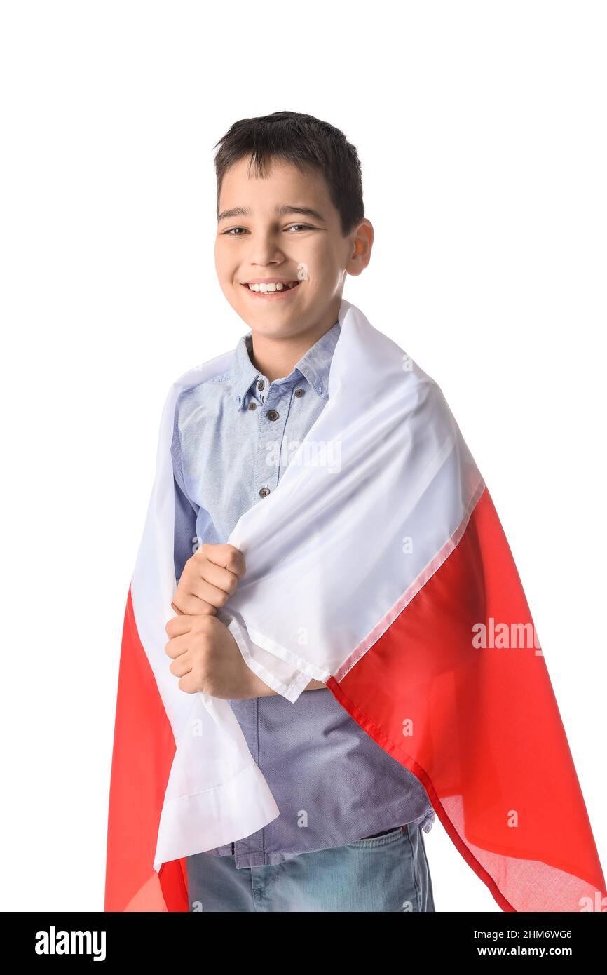 Happy little boy with flag of Poland on white background Stock Photo ...