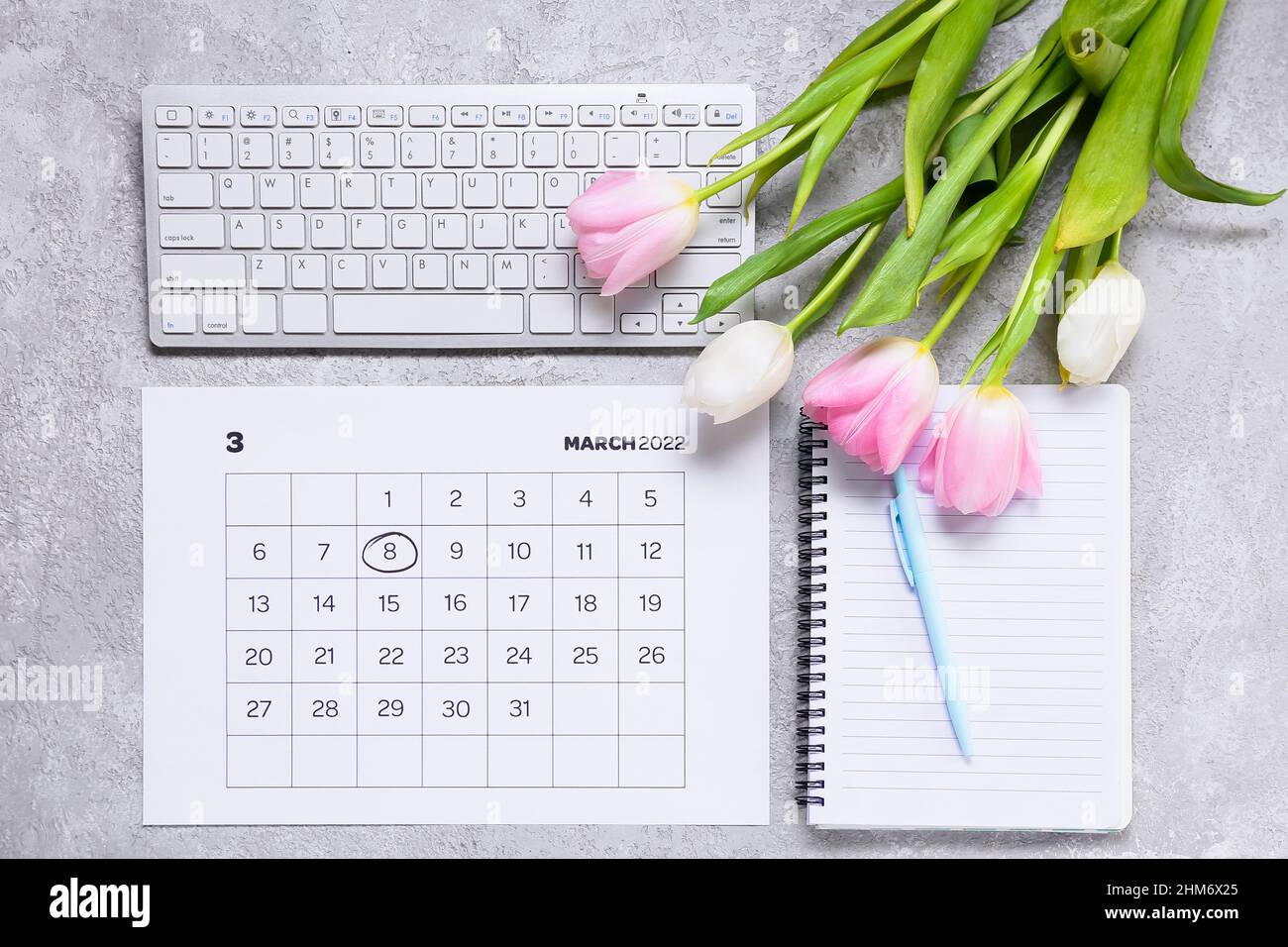 Computer keyboard, calendar and flowers for International Women's Day ...