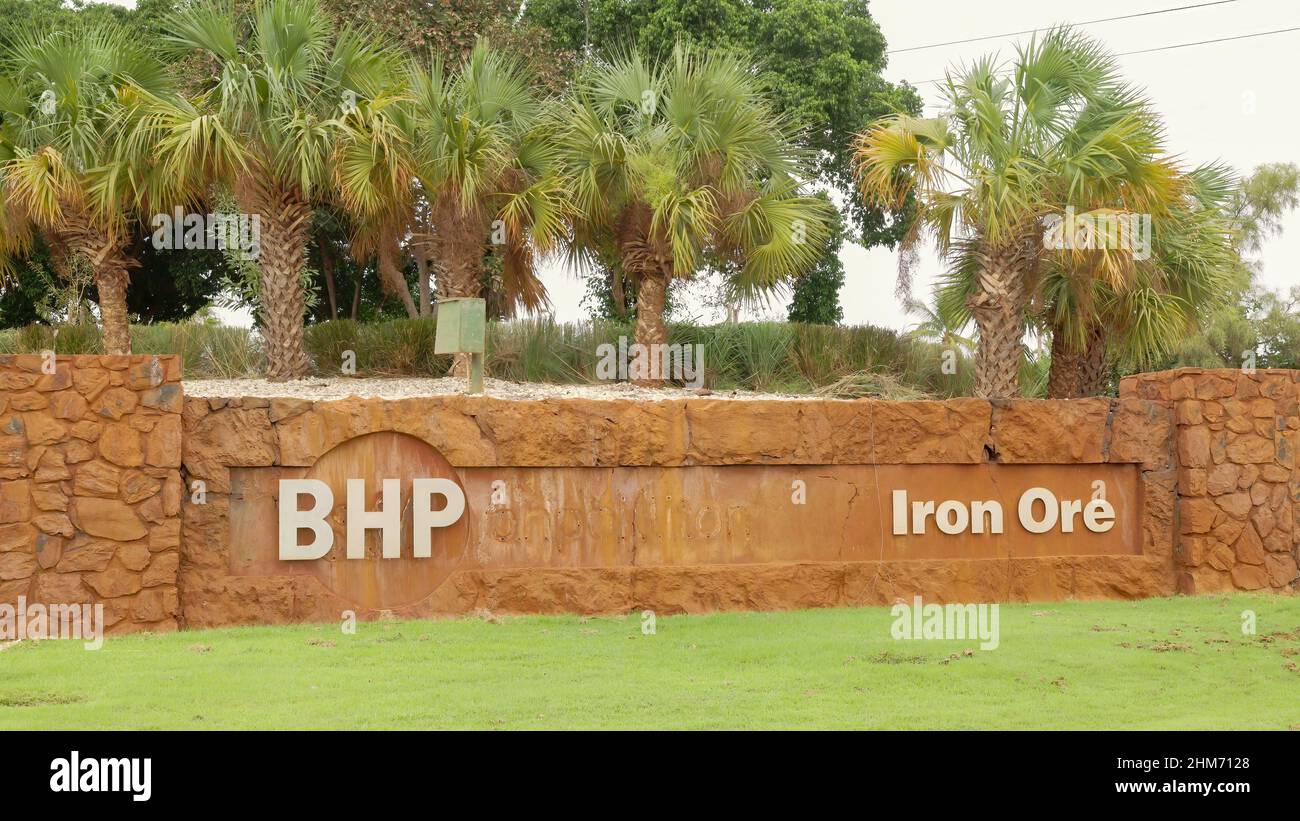 PORT HEDLAND, AUSTRALIA - MAY, 27, 2021: entrance sign to bhp's port ...