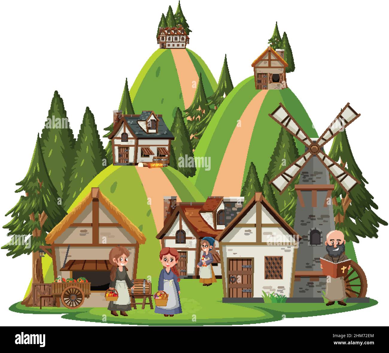 Isolated ancient medieval village and villagers illustration Stock ...