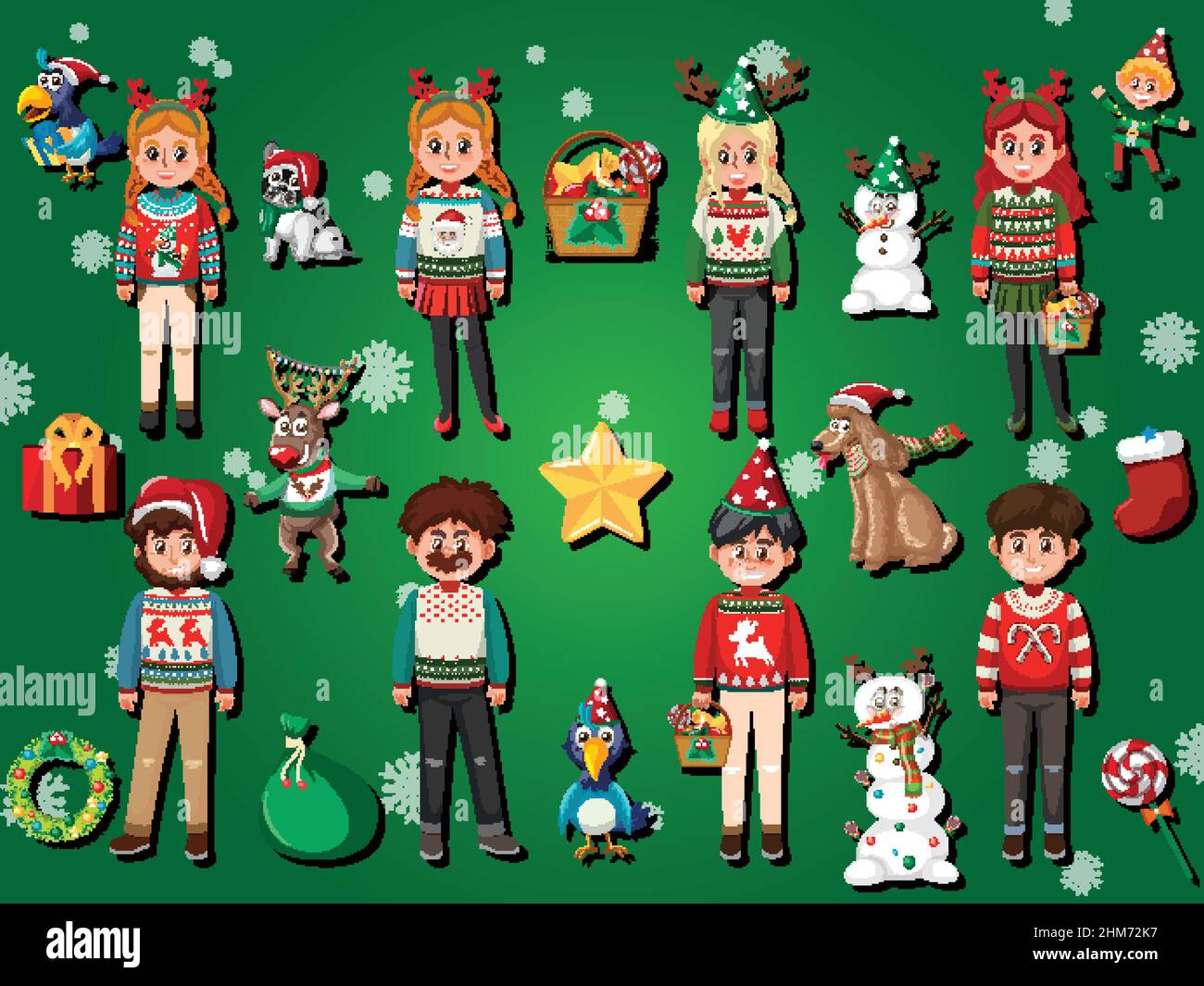 Different cartoon characters wearing Christmas outfits illustration ...