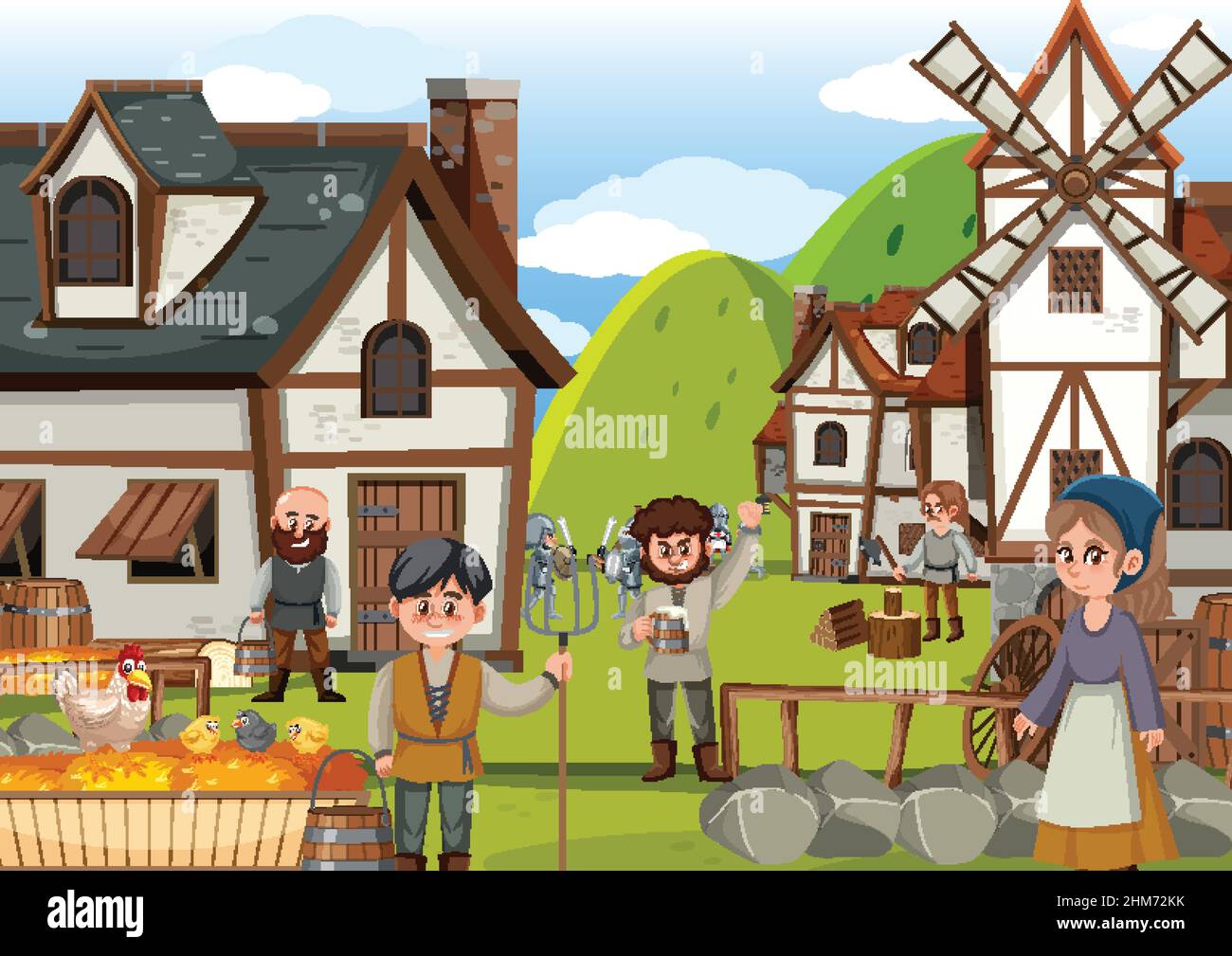 Ancient medieval village scene with villagers illustration Stock Vector ...