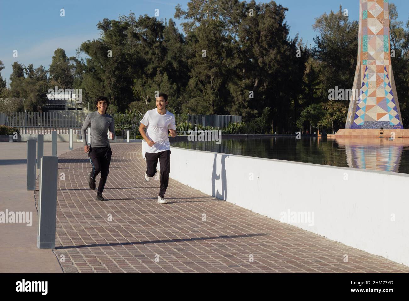 two young male runner friends training together in the park in the ...