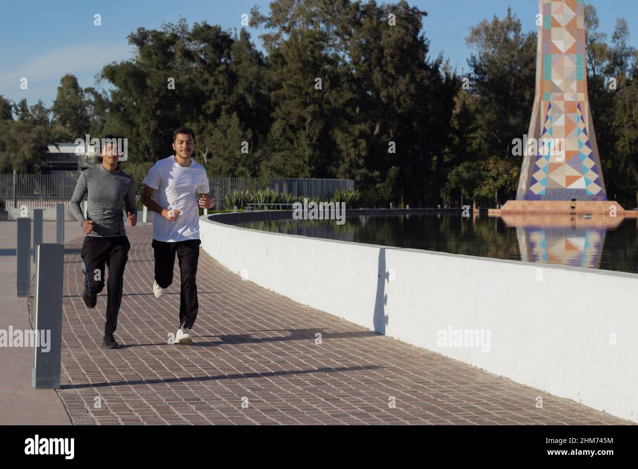 two young male runner friends training together in the park in the ...
