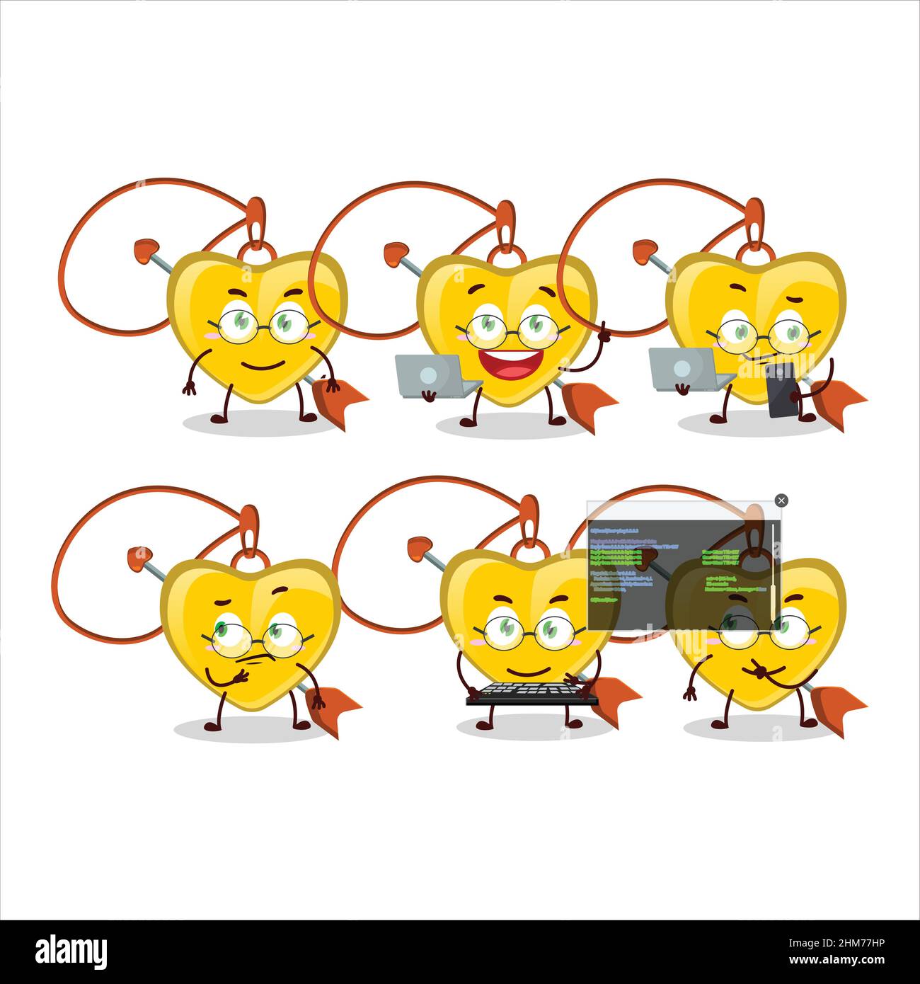 Yellow heart arrow necklace Programmer cute cartoon character with ...