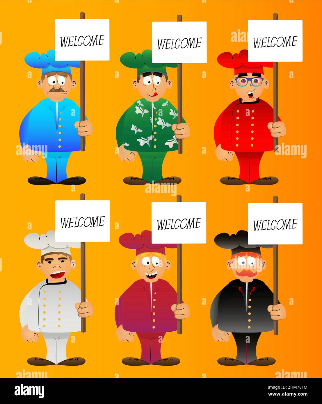 Fat male cartoon chef in uniform holding a banner with welcome text ...