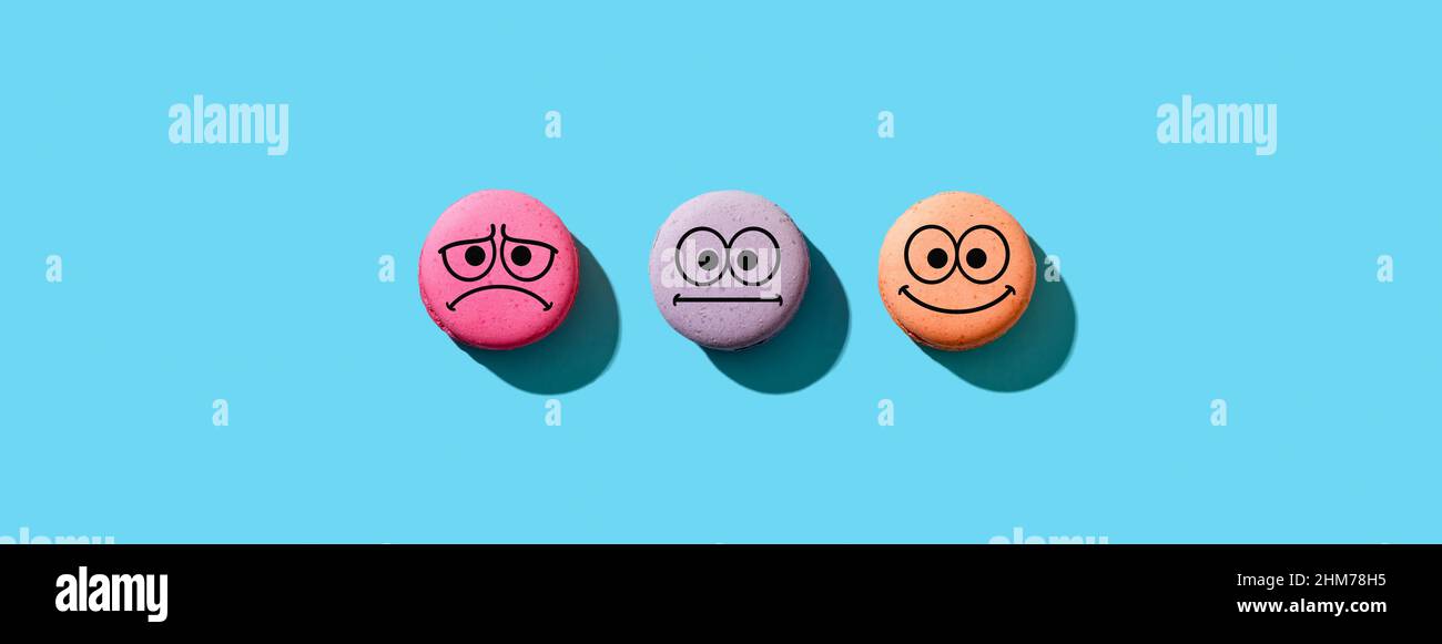 Colorful macarons with happy, neutral and sad faces. Customer rating ...