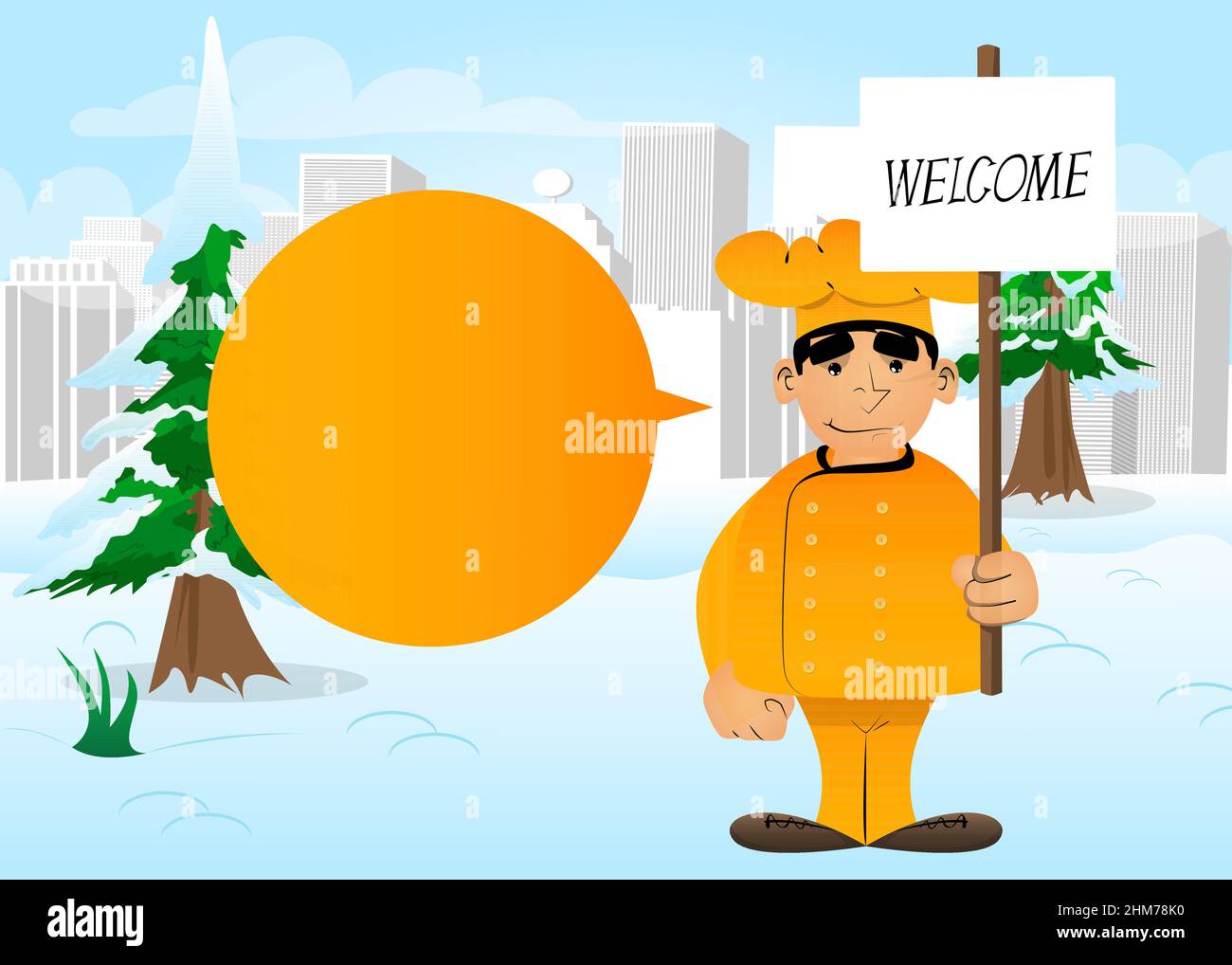 Fat male cartoon chef in uniform holding a banner with welcome text ...
