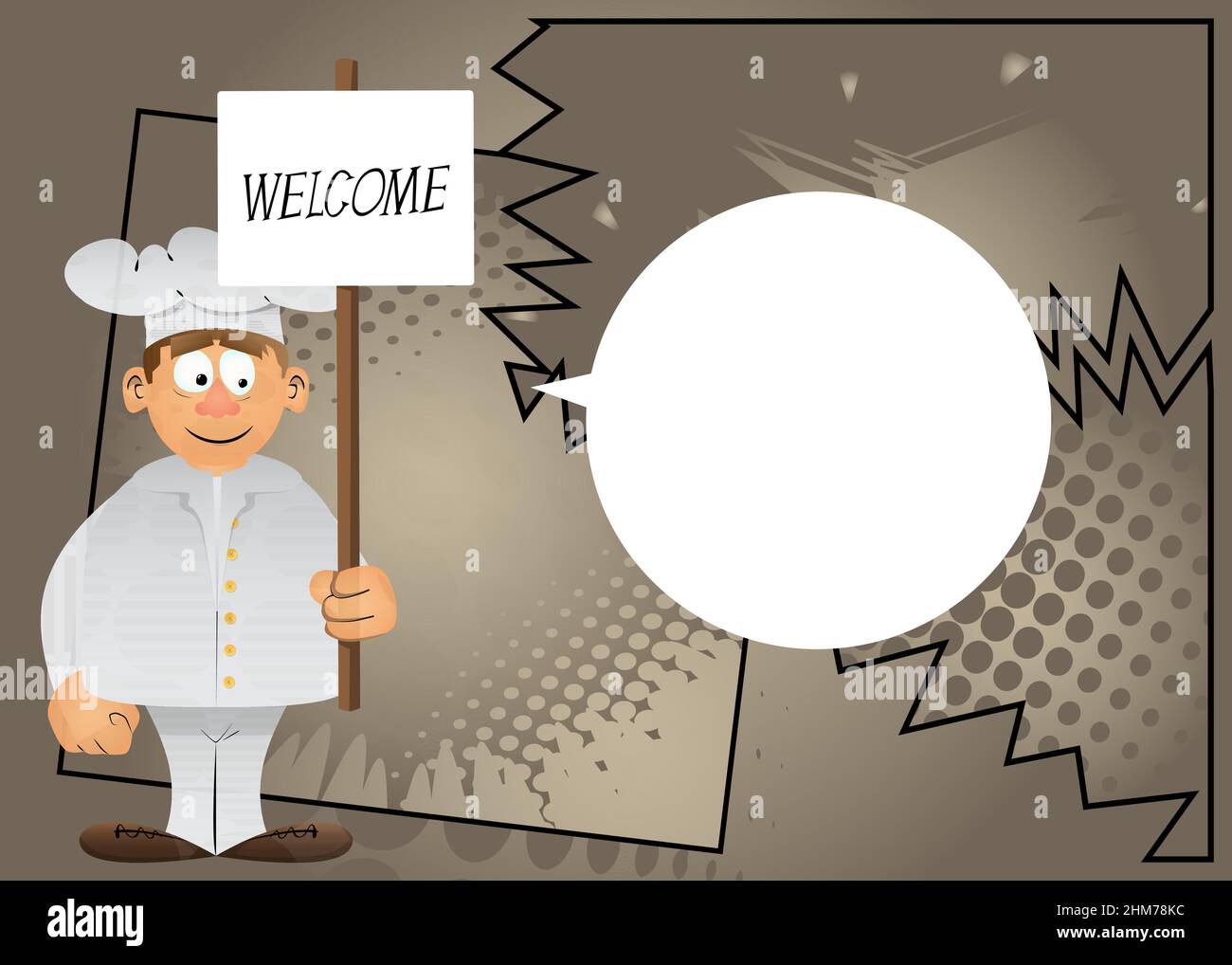 Fat male cartoon chef in uniform holding a banner with welcome text ...