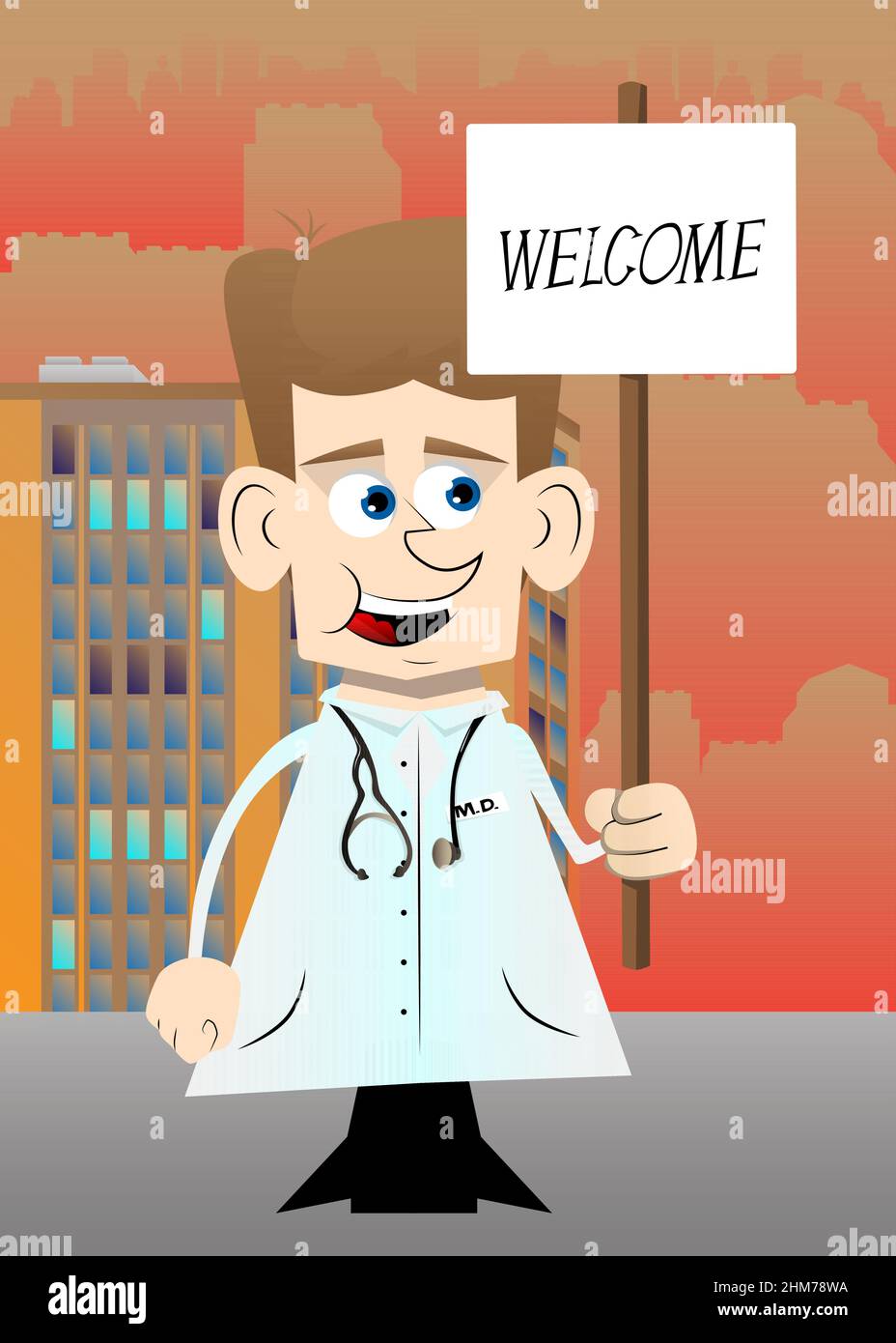 Funny cartoon doctor holding a banner with welcome text. Vector ...