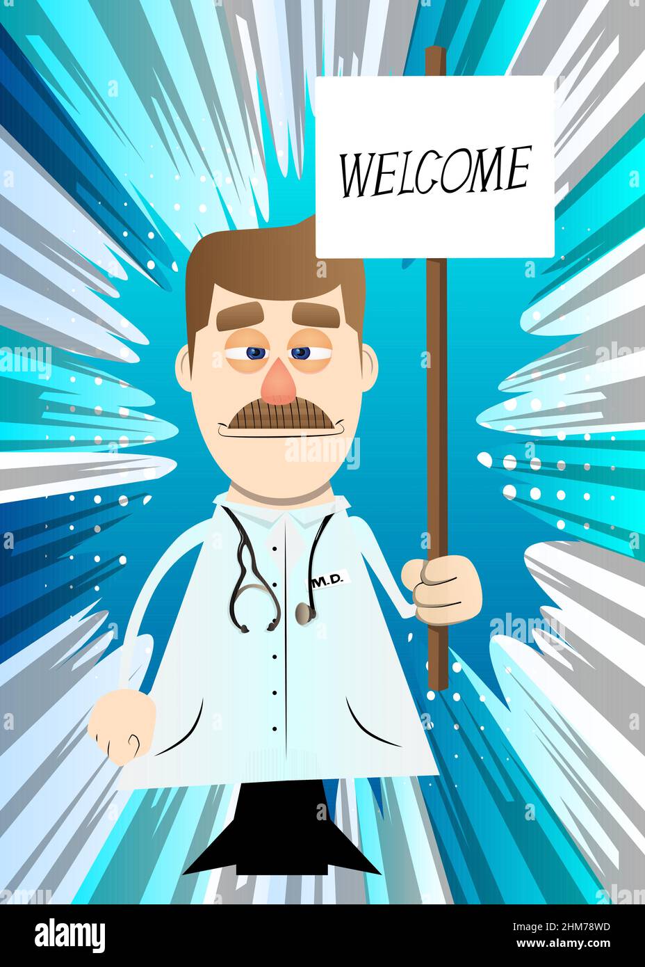 Funny cartoon doctor holding a banner with welcome text. Vector ...