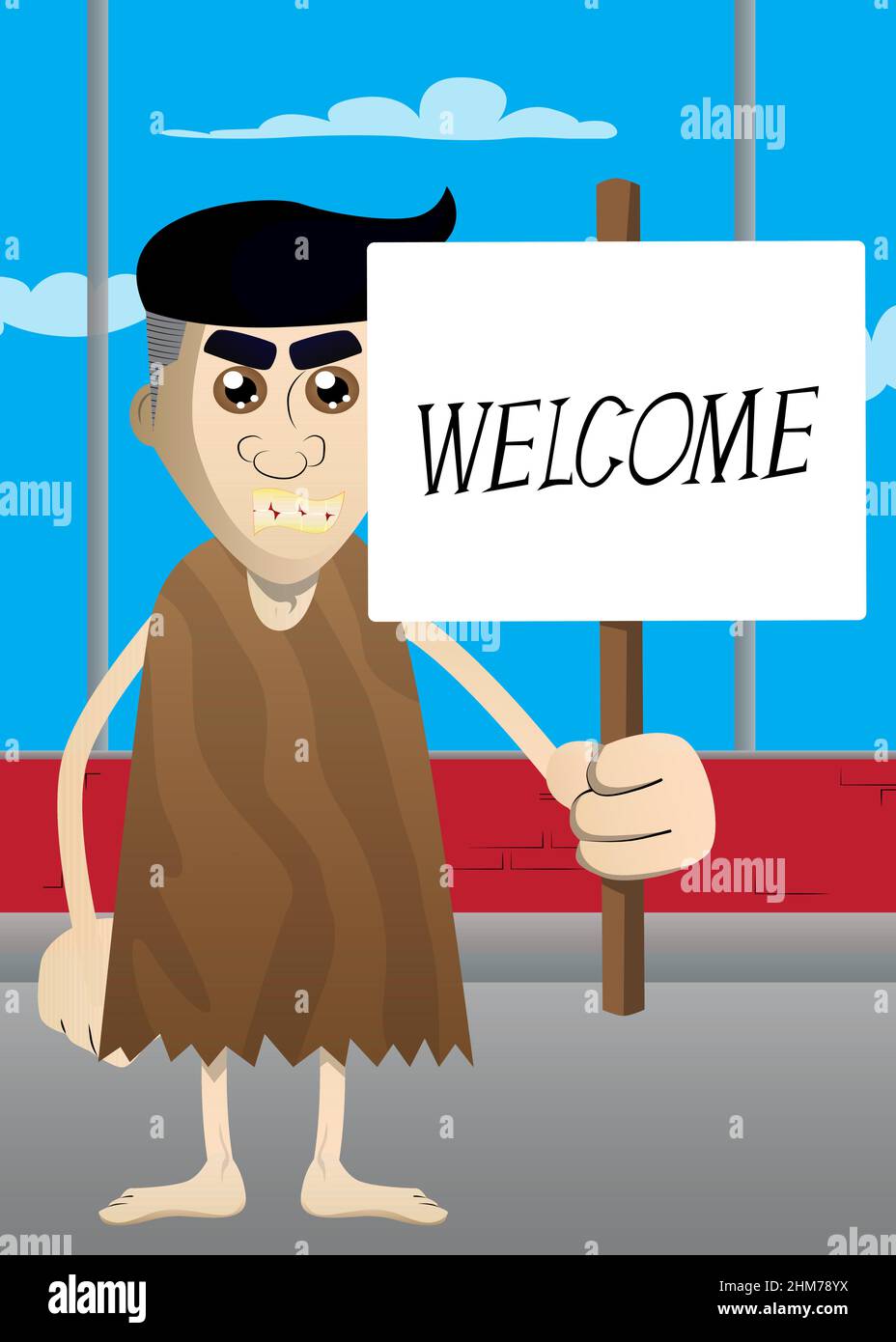 Cartoon prehistoric man holding a banner with welcome text. Vector ...