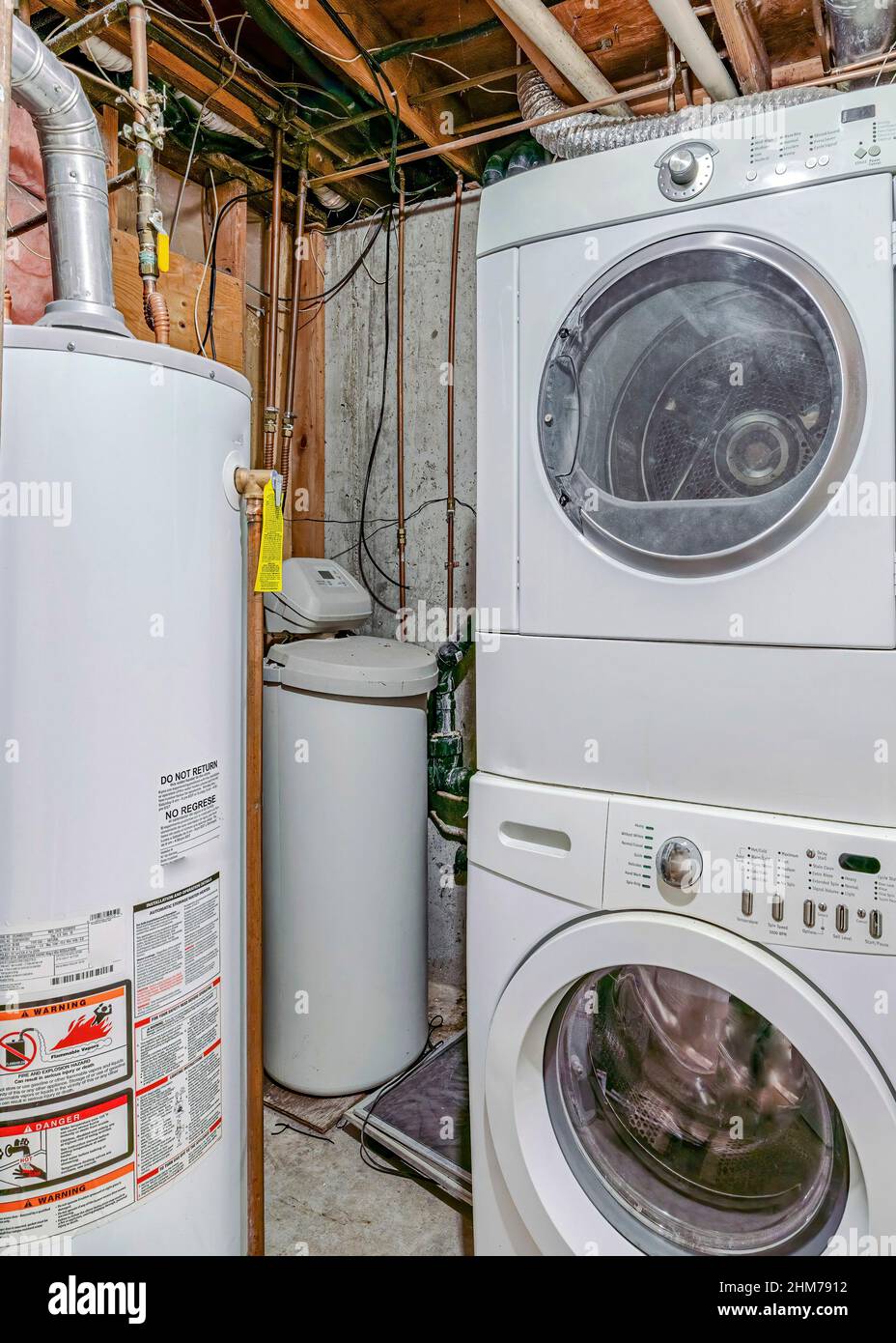 Vertical Basement interior with laundry appliances and water tank Stock ...