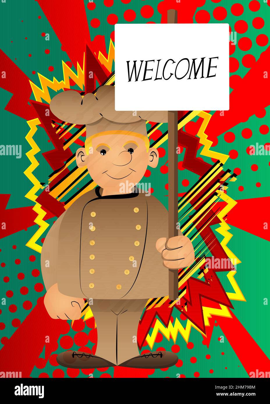 Fat male cartoon chef in uniform holding a banner with welcome text ...