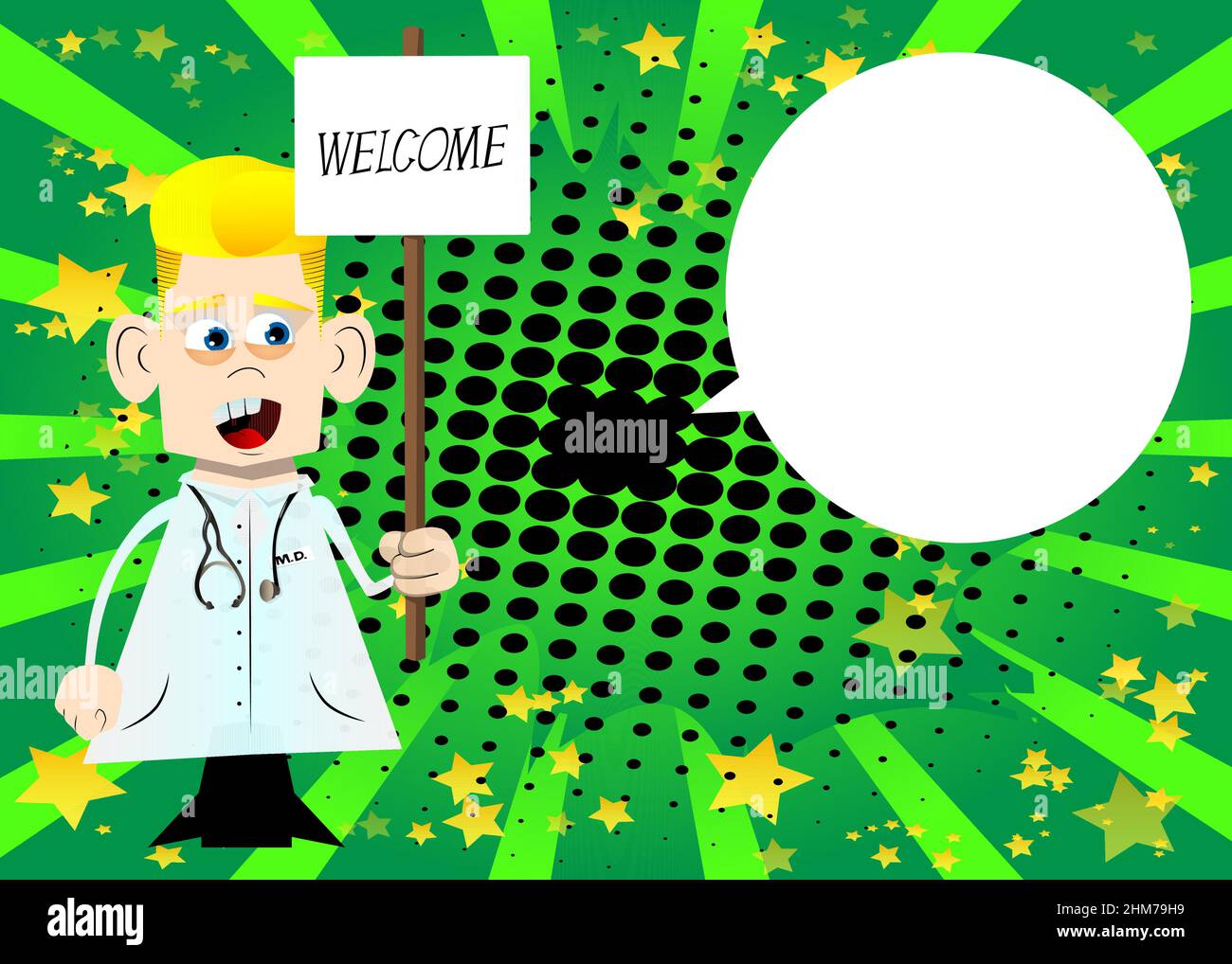 Funny cartoon doctor holding a banner with welcome text. Vector ...