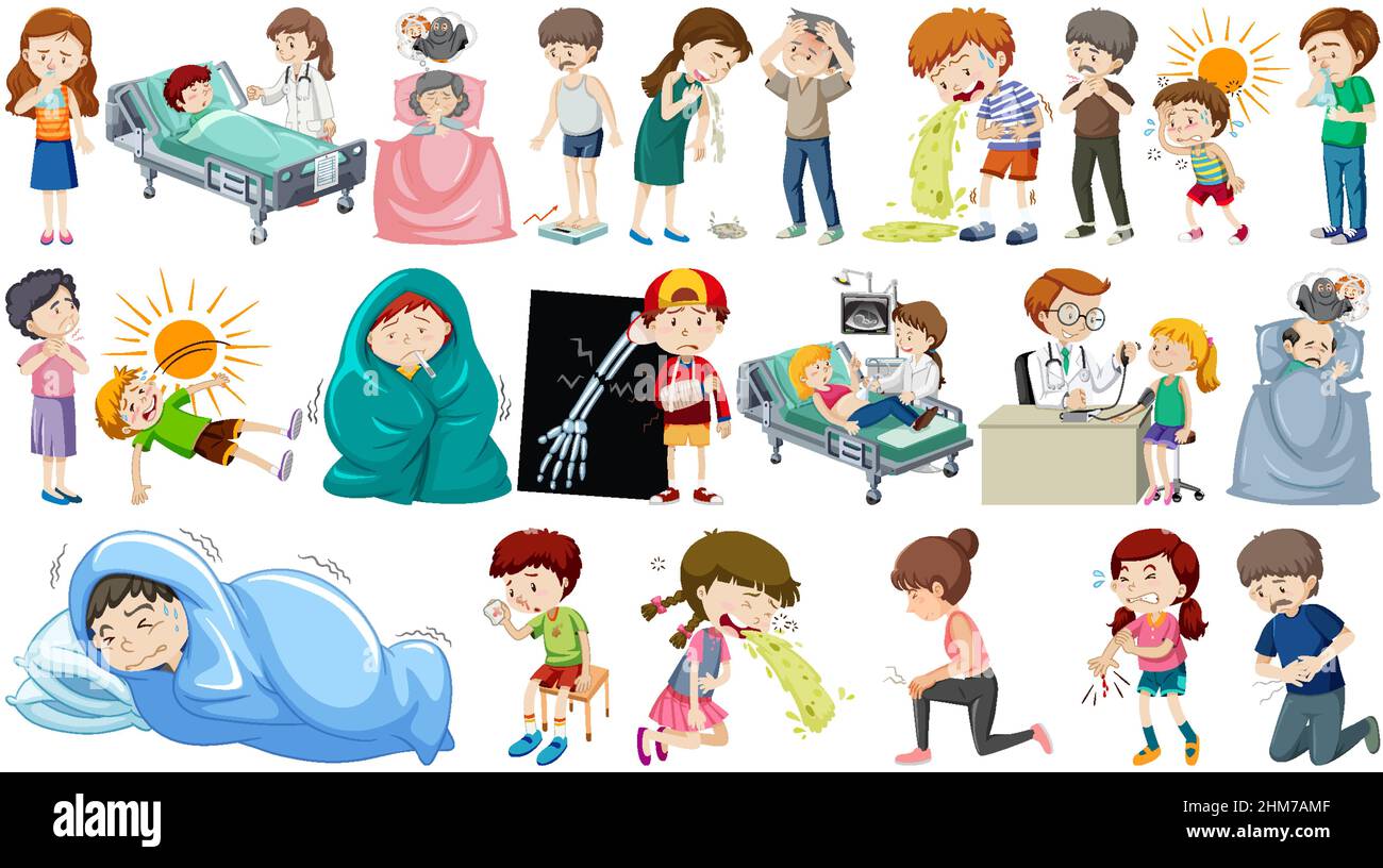 Set of sick people with different symptoms illustration Stock Vector ...