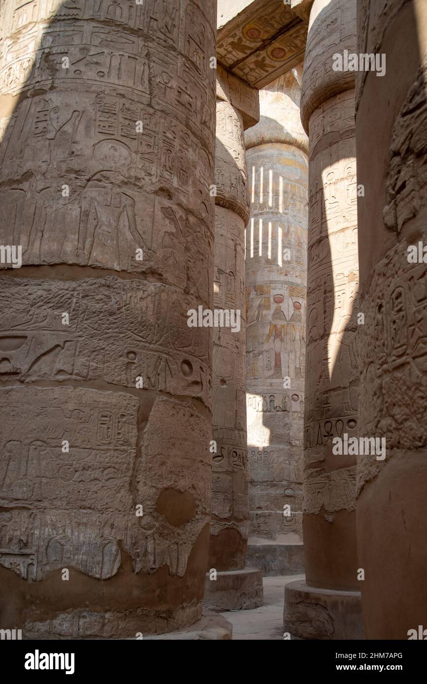 Columns in Great Hypostyle Hall at the Temple of Karnak (ancient Thebes ...