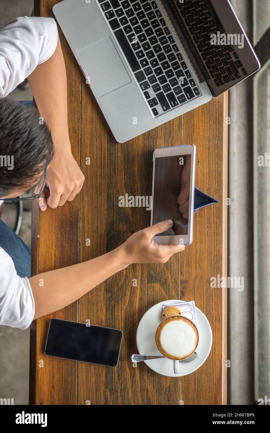 Male using computer top view hi-res stock photography and images - Alamy