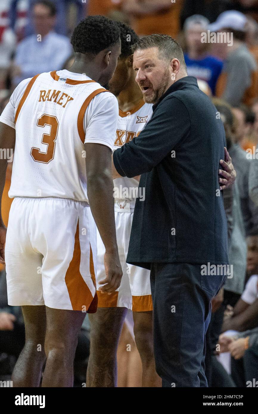 Center. 07th Feb, 2022. Head coach Chris Beard and Courtney Ramey #3 of ...