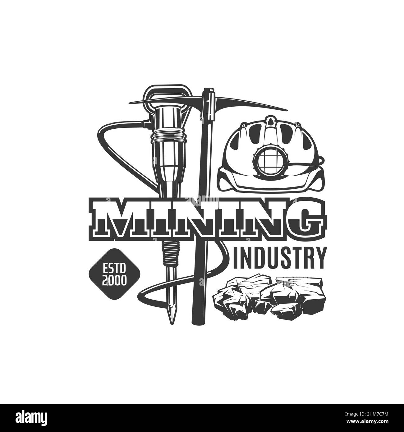 Mining industry icon with jackhammer, pick-axe and hardhat. Fossil fuel ...