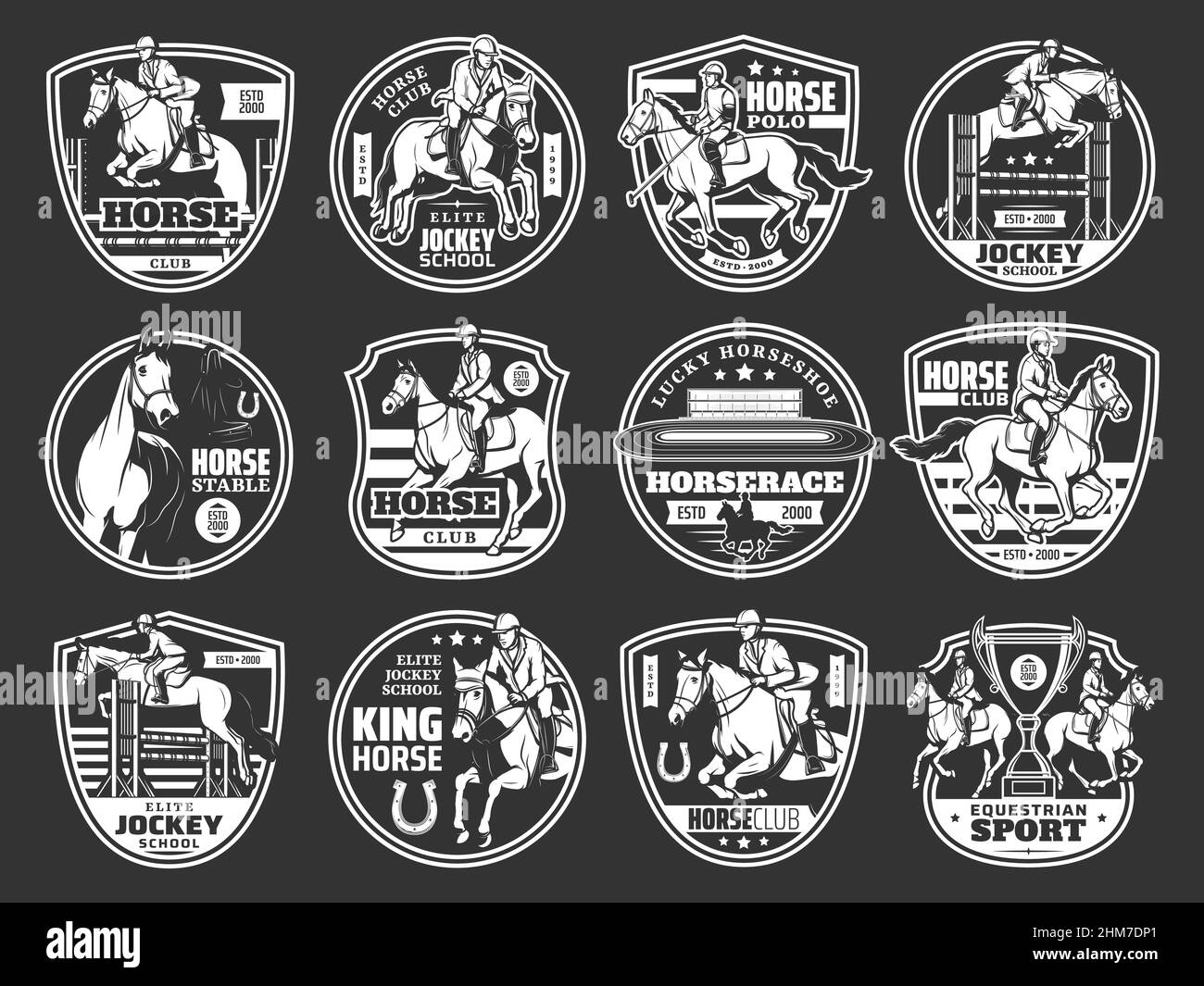 Horse riding, polo and jockey school icons. Equestrian sport tournament ...