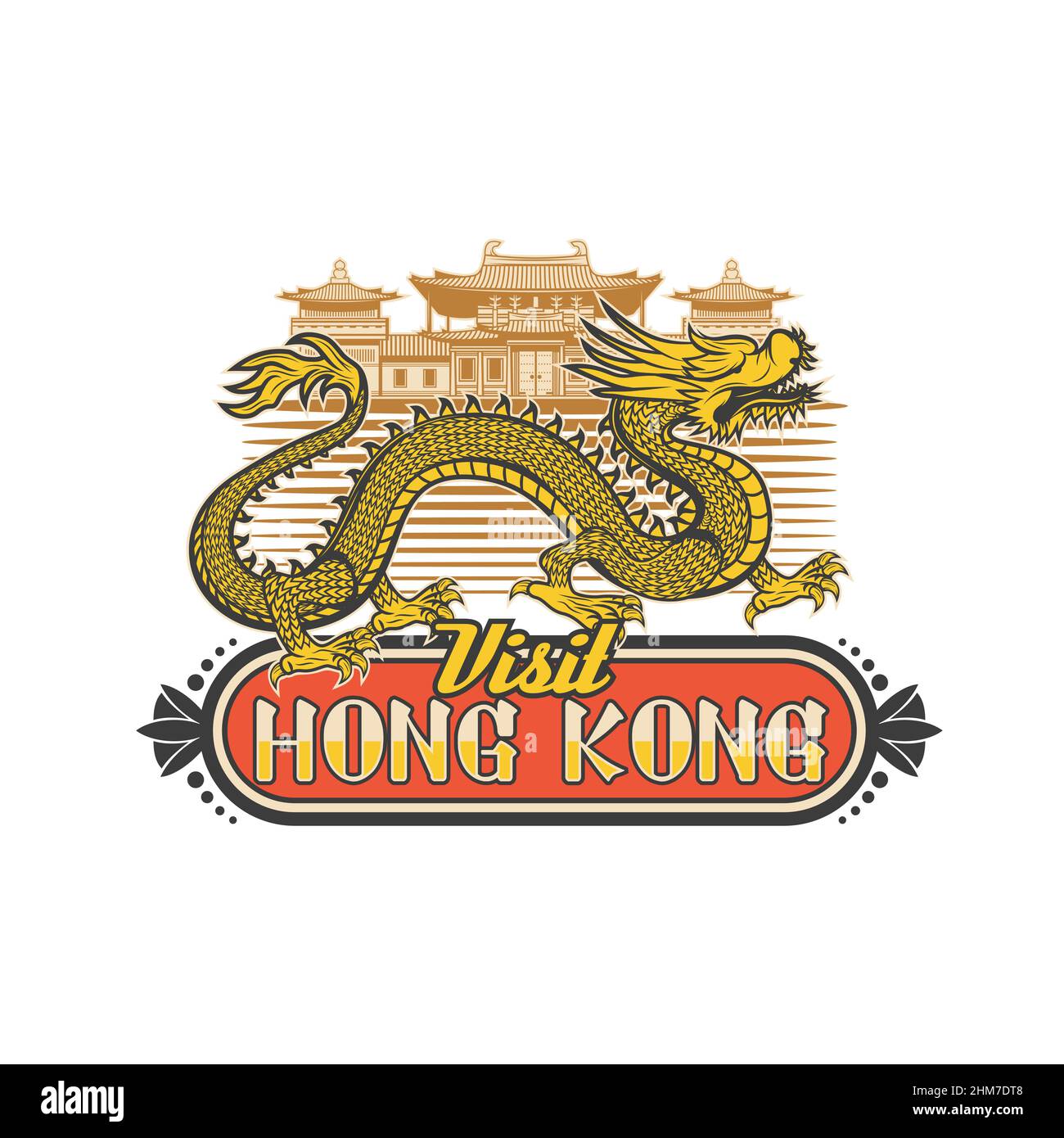 Monastery and dragon Hong Kong travel icon. Vector emblem with Chinese ...