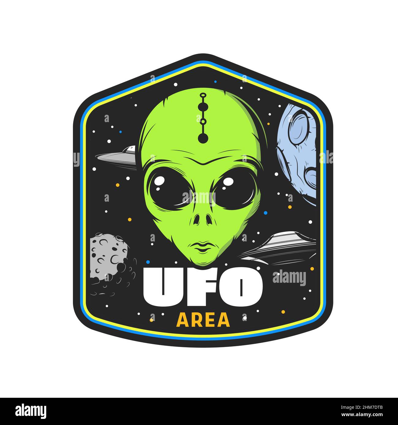 UFO area icon with green alien face. Galaxy monsters, extraterrestrial ...