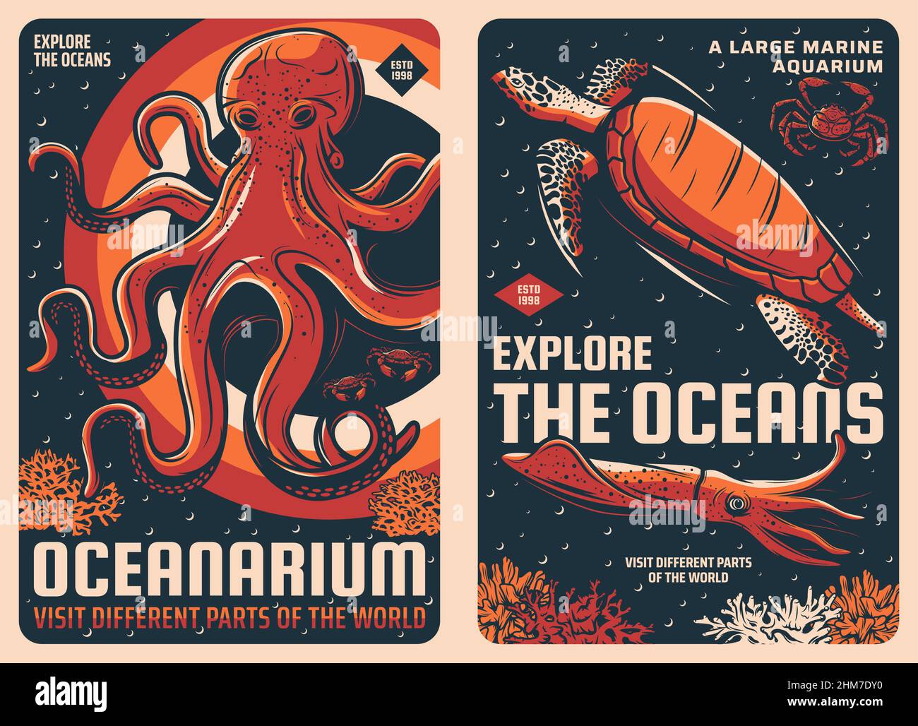 Octopus, squid, sea turtle and crab retro vector posters of oceanarium ...