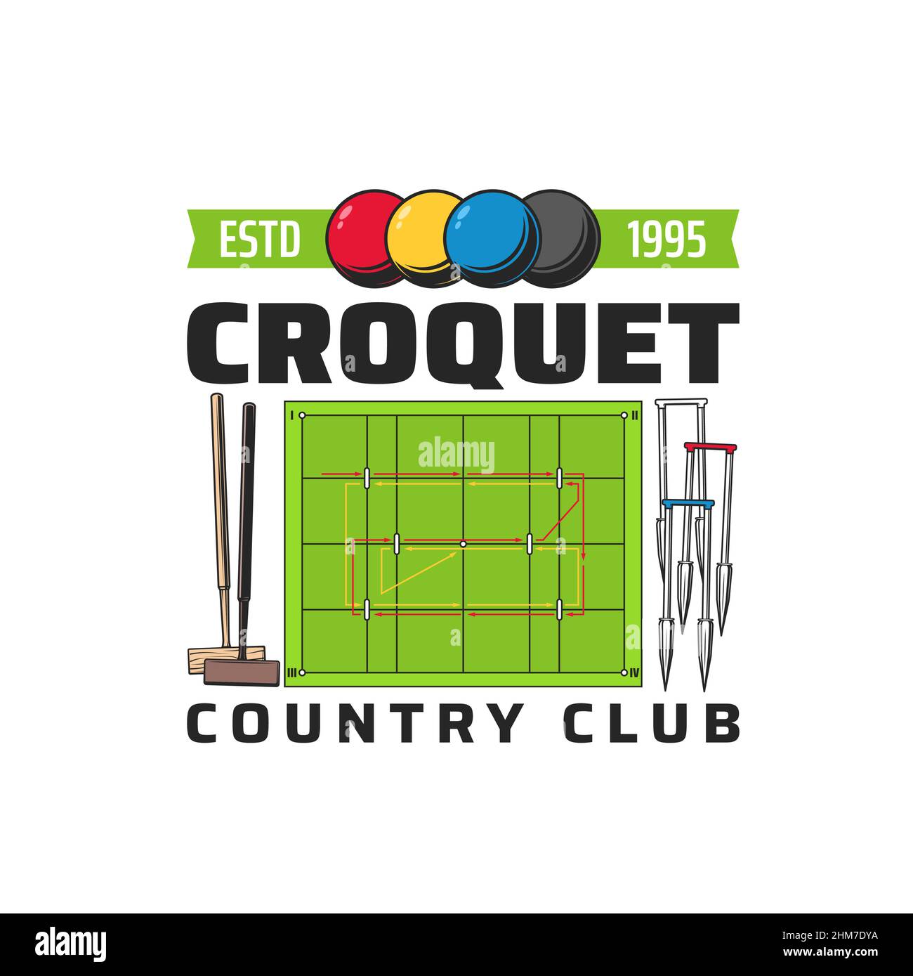 Croquet icon with balls, mallets and hoops. Croquet country club, team ...