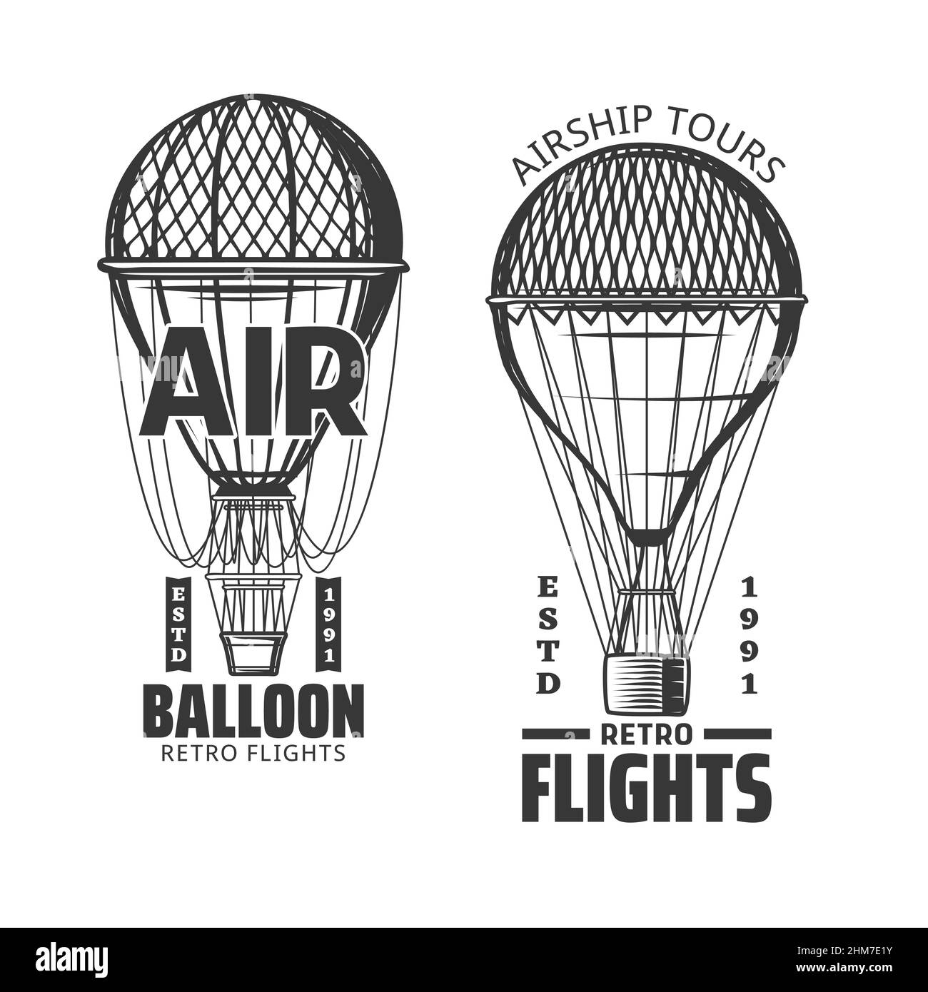 Hot air balloon flight icons of air travel vector design. Vintage hot ...