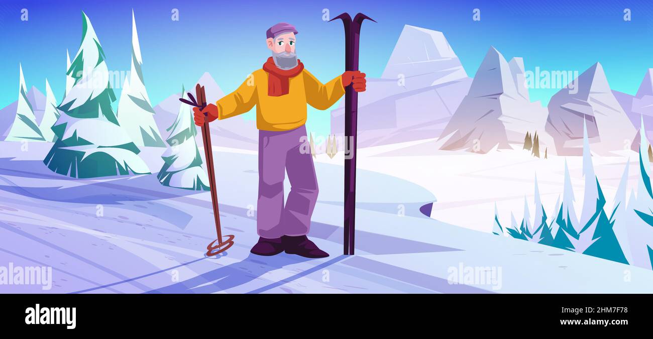 Elder man with ski and sticks stand on snow slope in mountains. Vector ...